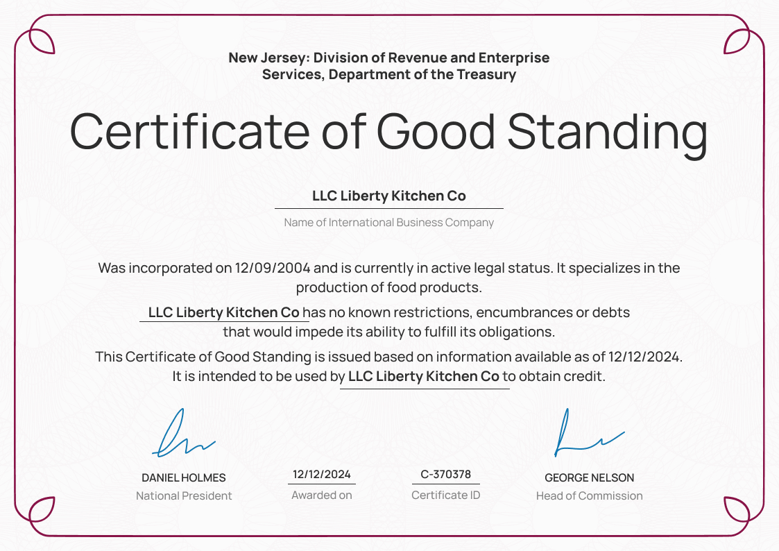 Detailed and professional certificate of good standing template