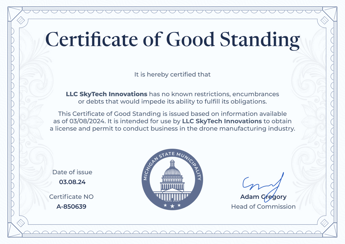 Respectable and professional certificate of good standing template