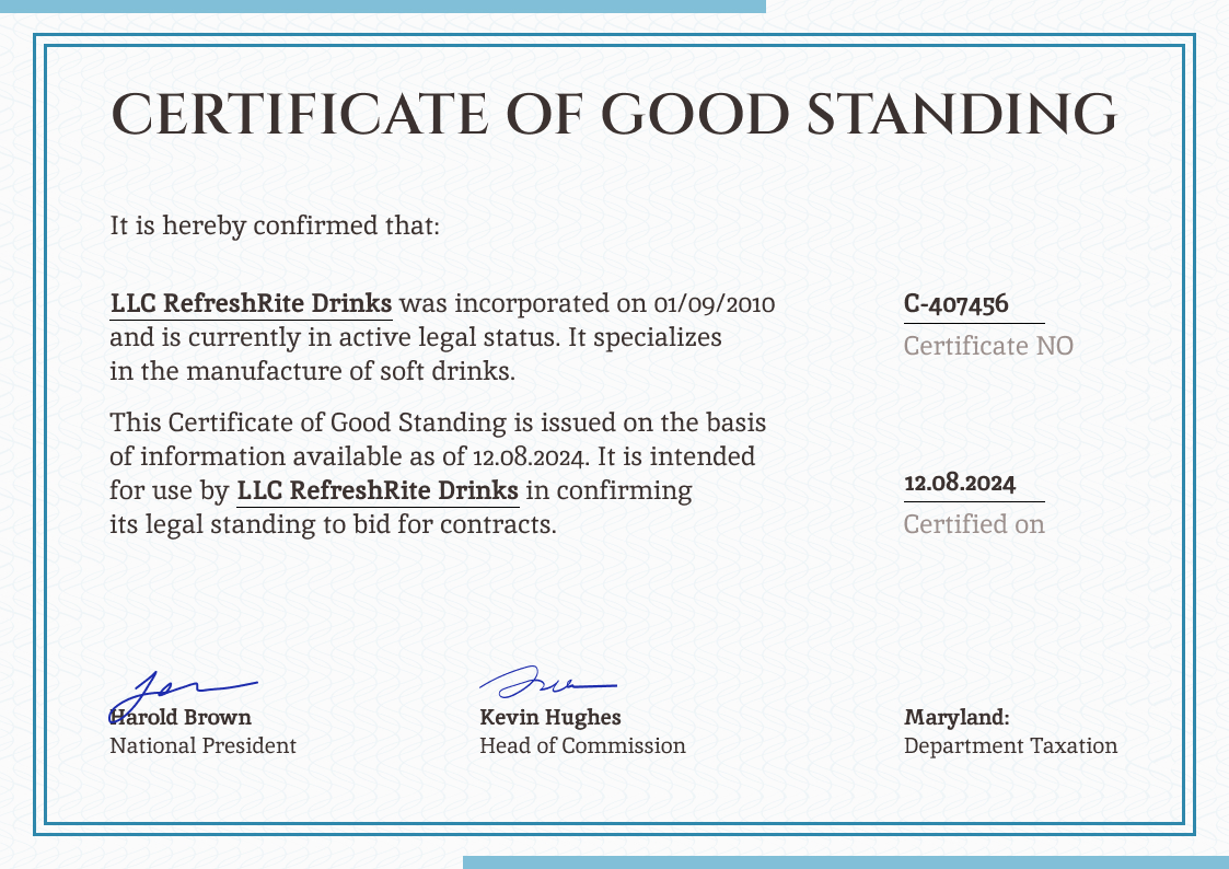 Legitimate and professional certificate of good standing template