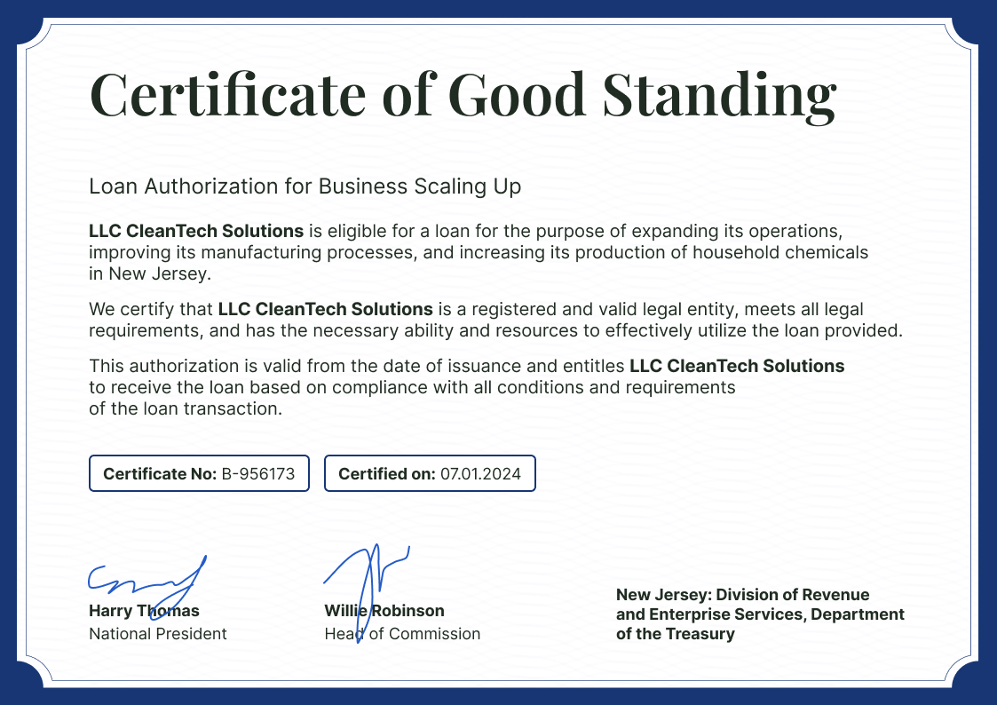 Verifiable and professional certificate of good standing template