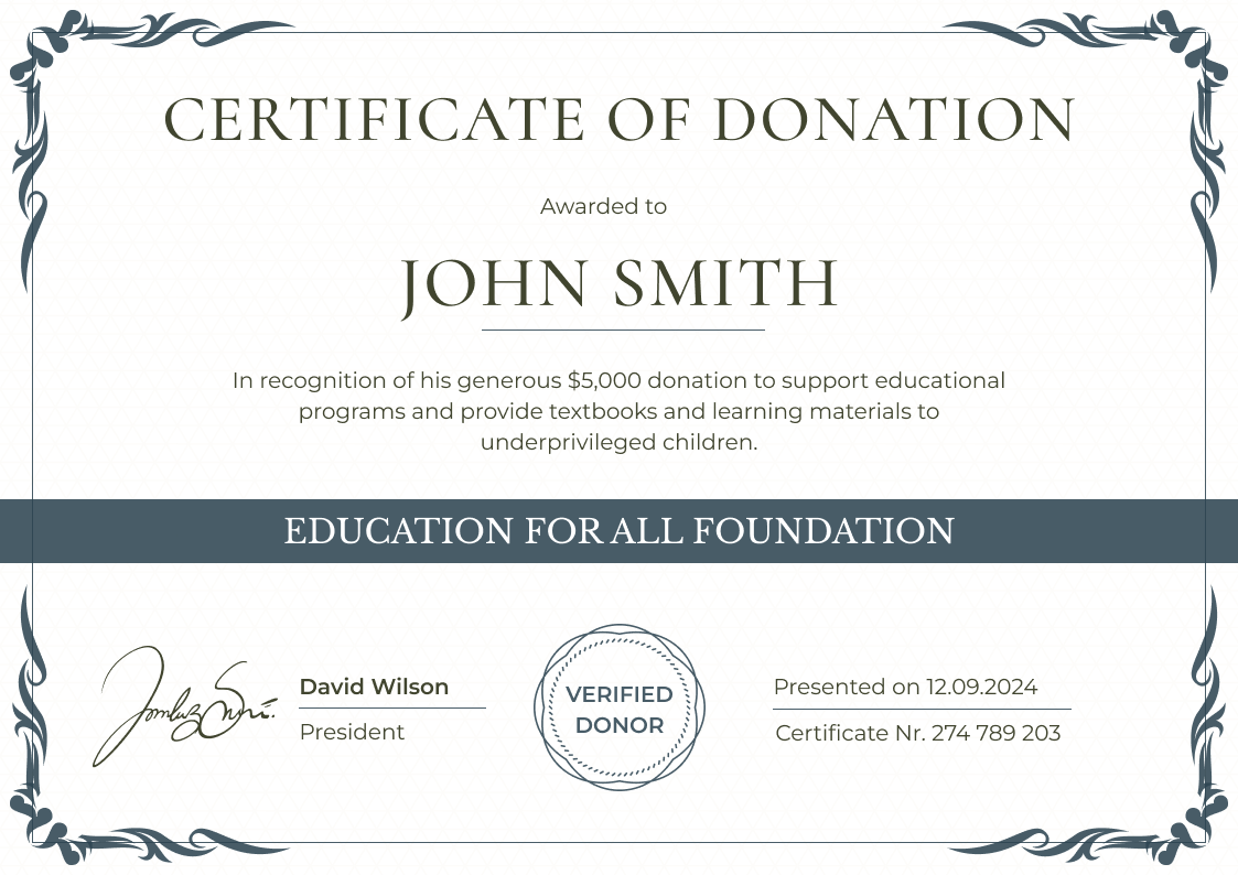 Ornamental and professional donation certificate template
