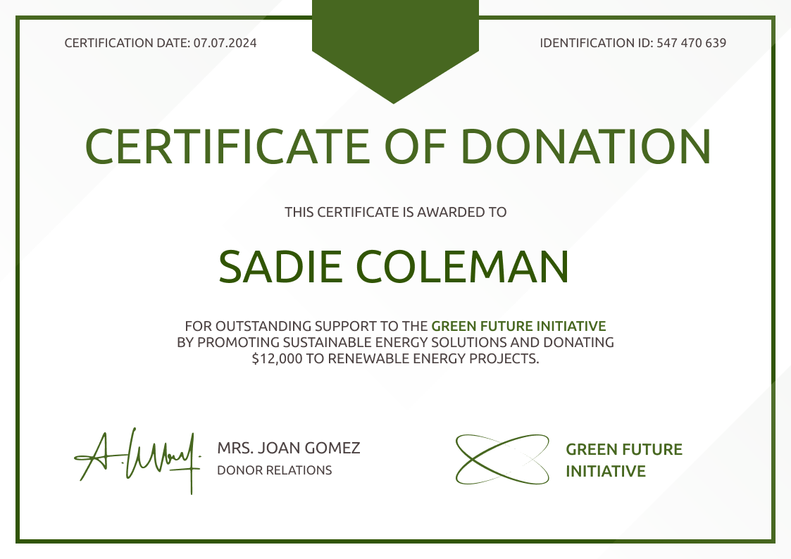 Ecological and formal donation certificate template