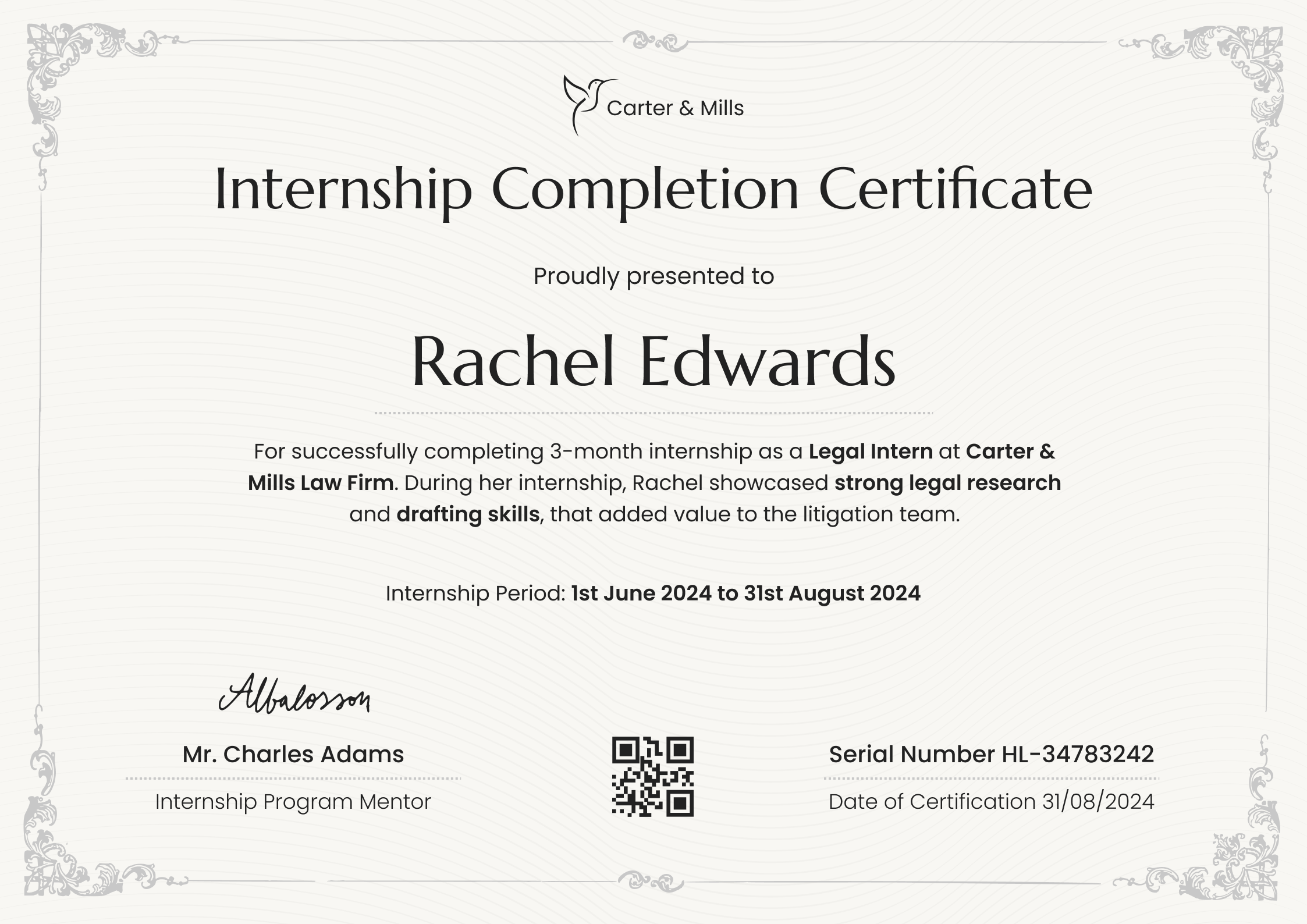 Sophisticated and professional internship certificate template