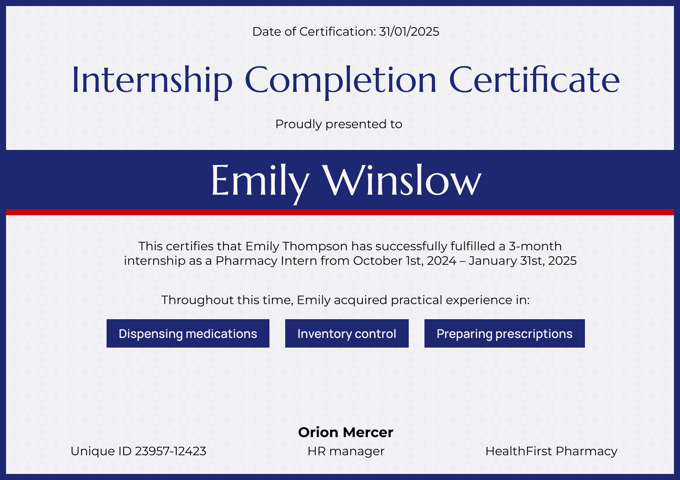 Organized and professional certificate of internship template
