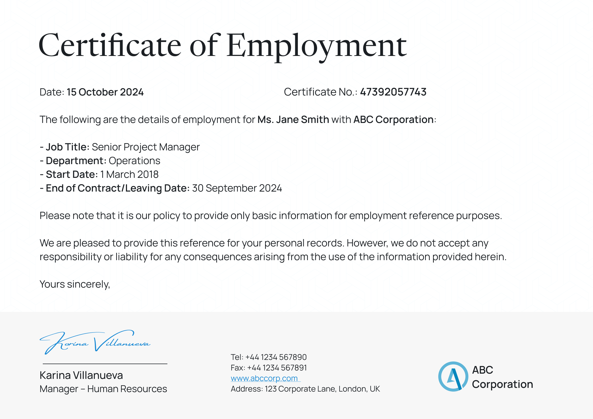 Organized and formal certificate of employment template