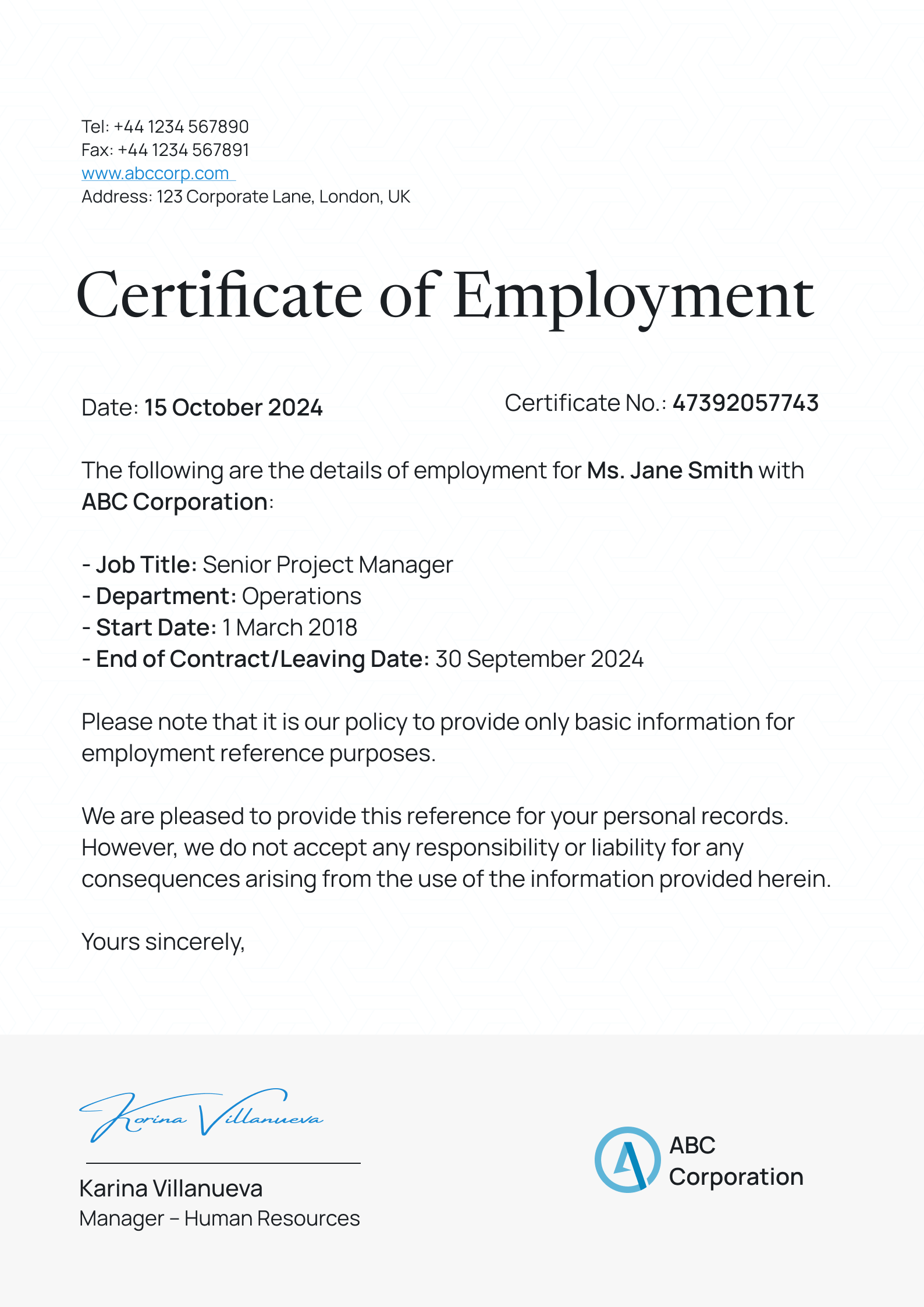 work certificate template uk