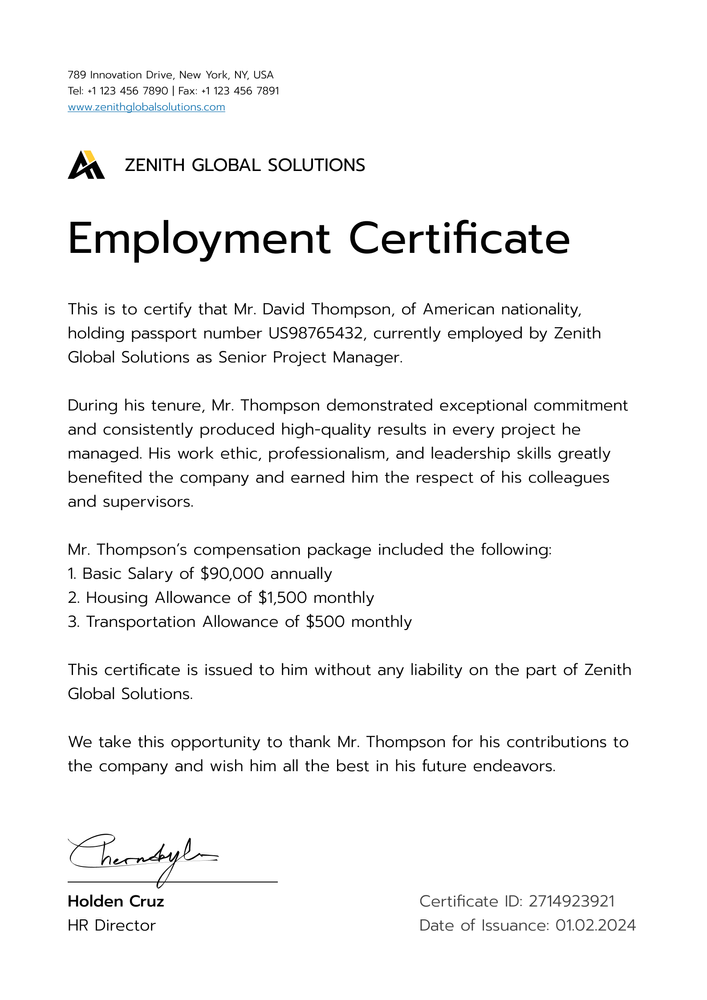 Employment Certificate Format