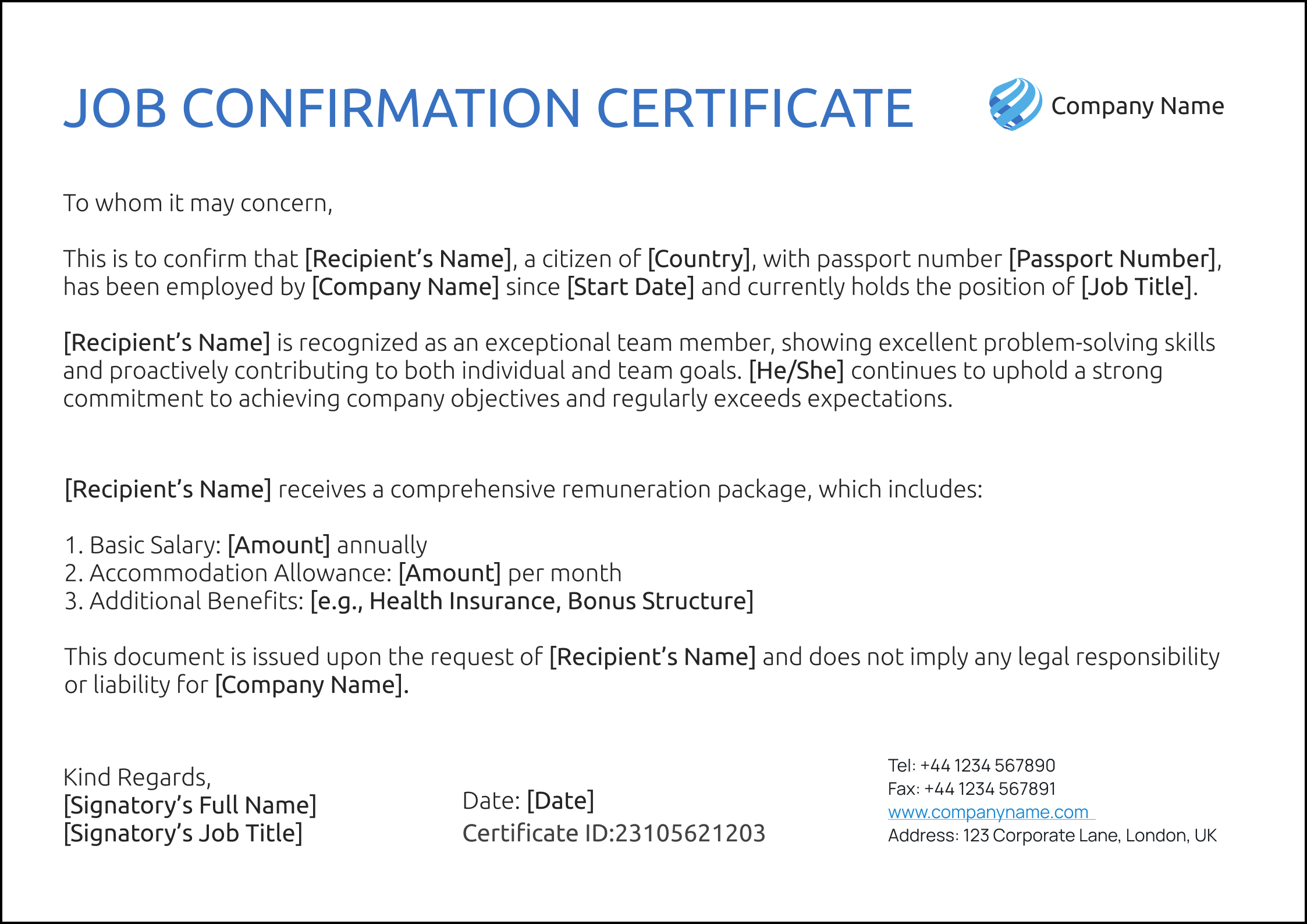 Sleek and formal certificate of employment template