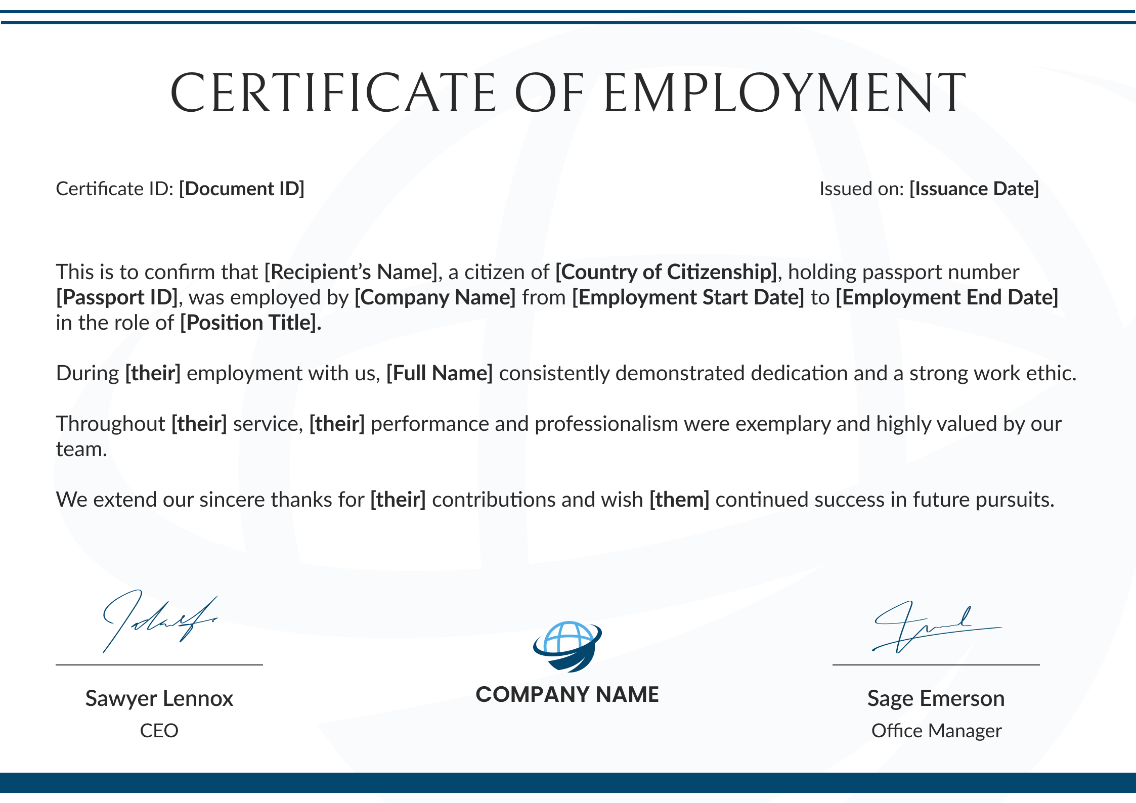 Subtle and formal certificate of employment template