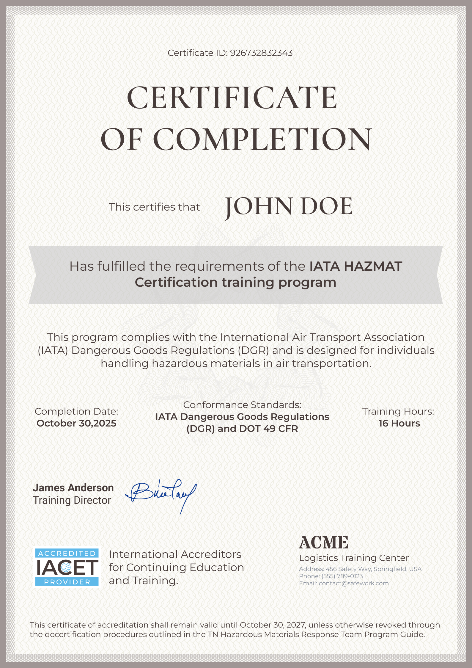 Hazmat Certificate Of Completion Safety Unlimited 16 Hr. CSTI Hazmat