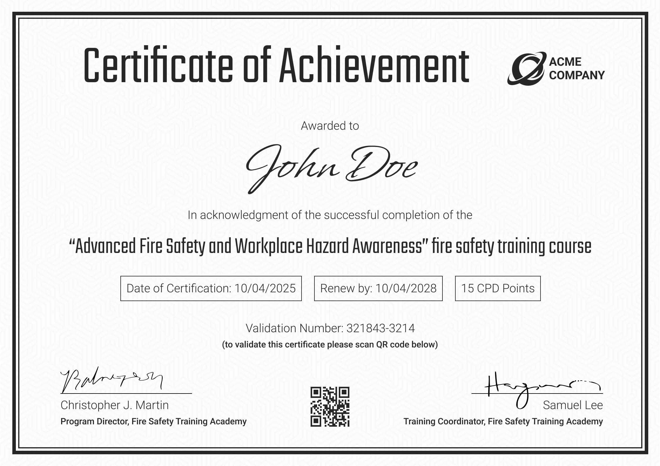 Professional and minimal fire safety training certificate sample