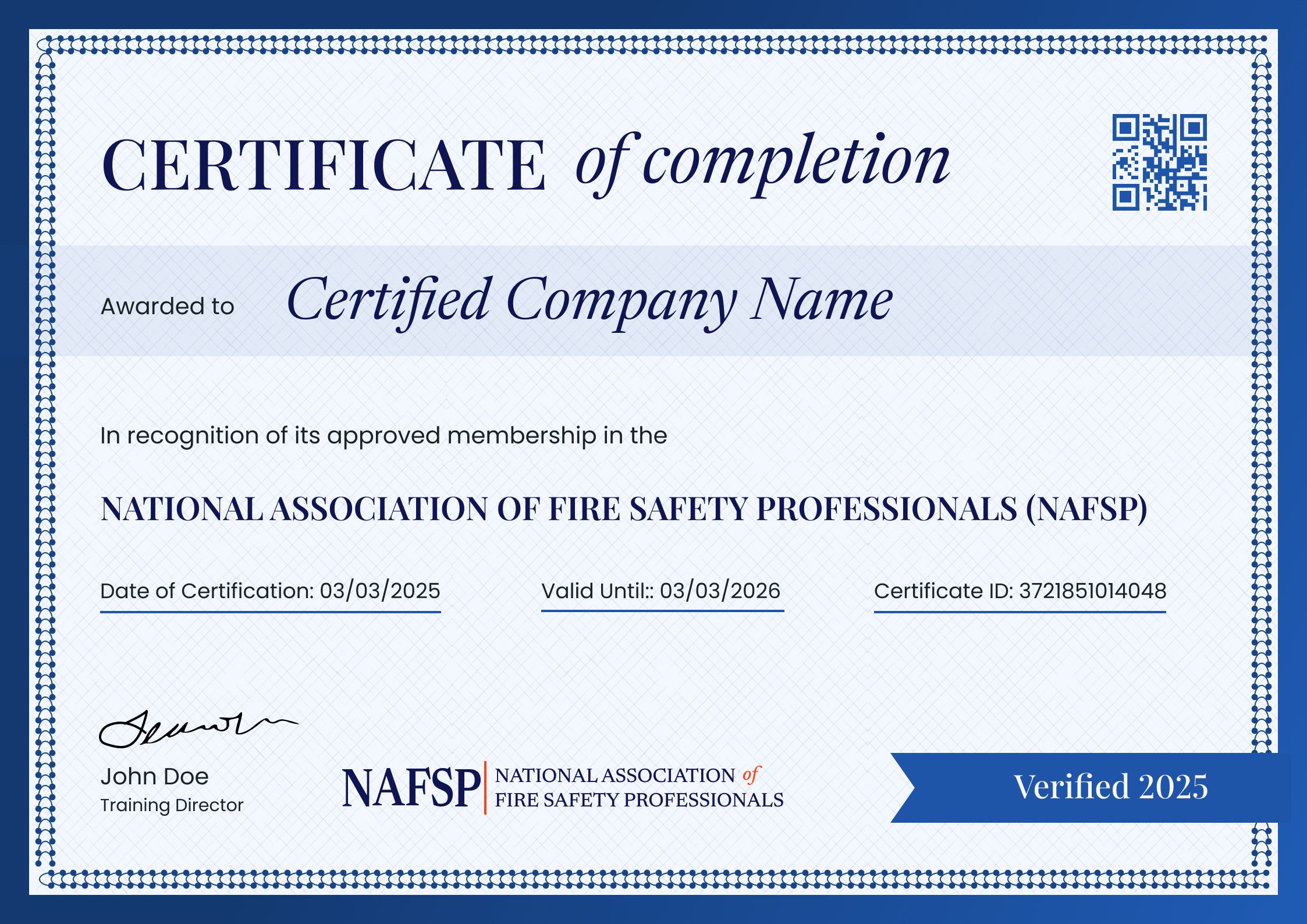 Secure and professional fire safety training certificate template