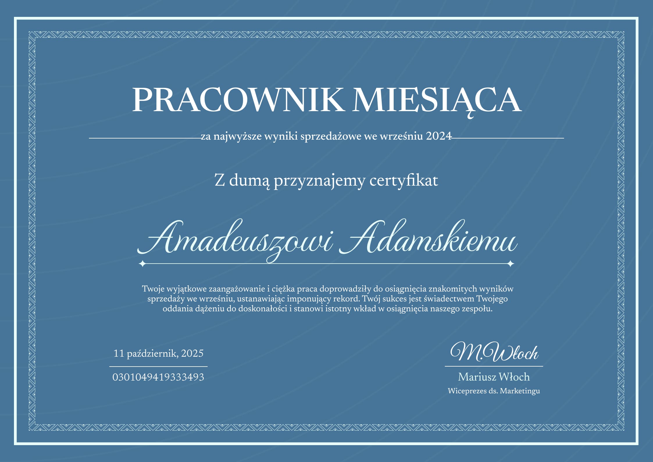 Tradycyjny i formalny dyplom pracownika miesiąca