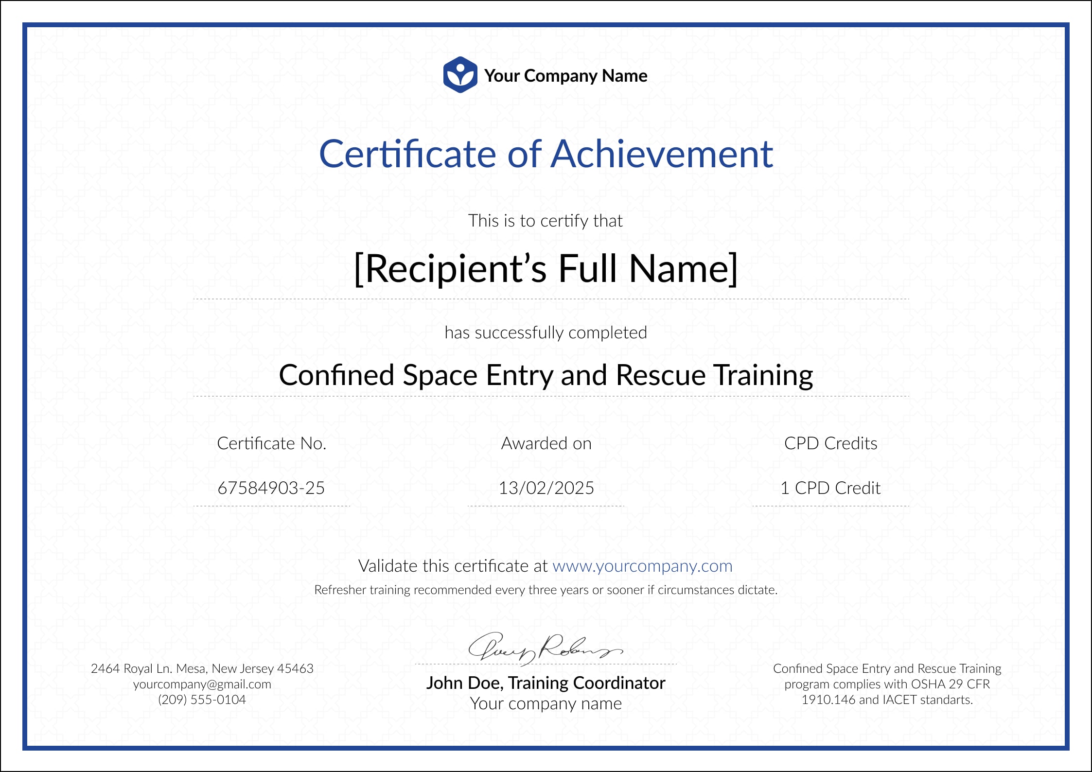 Clear and professional confined space training certificate template