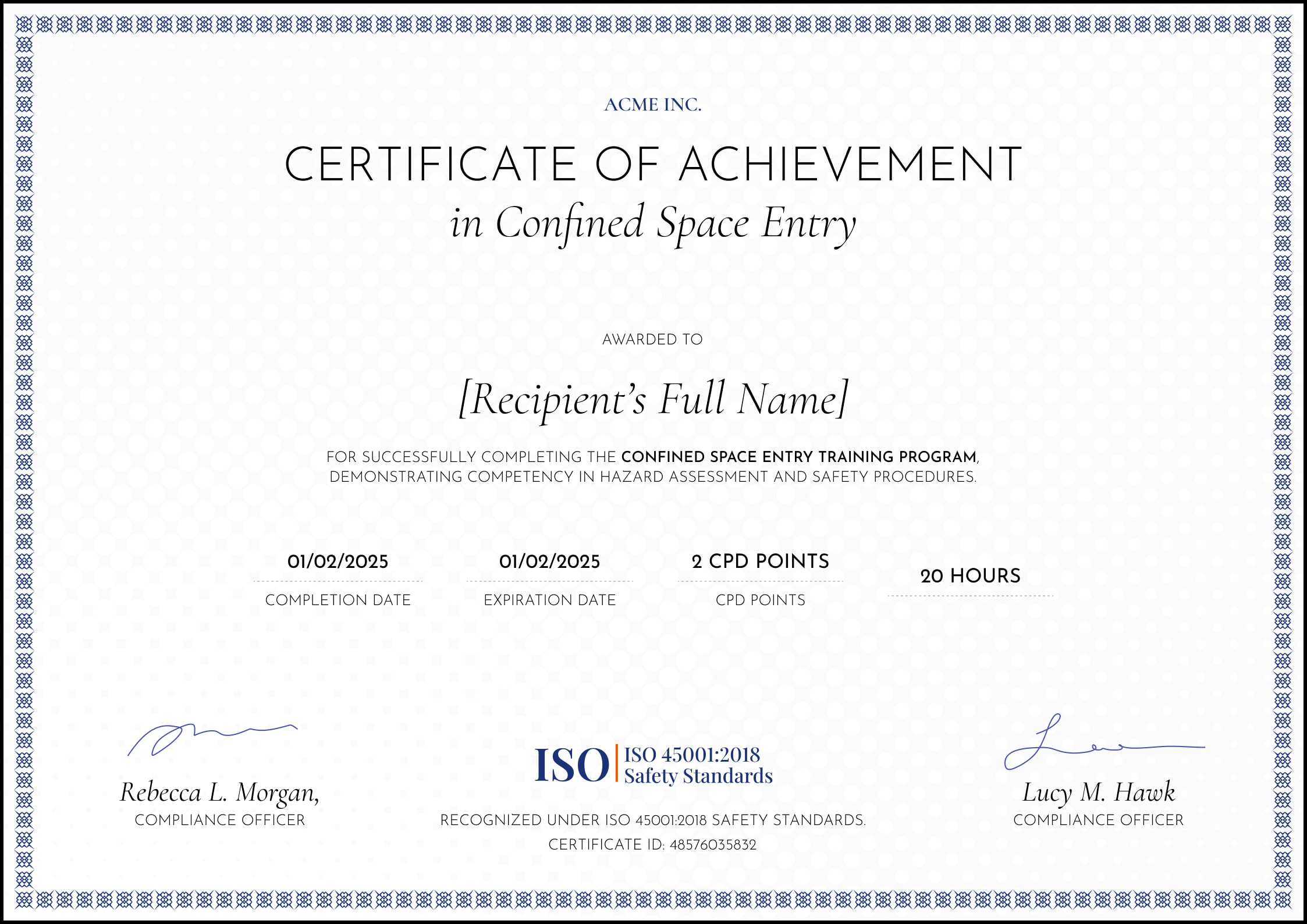 Minimalistic and professional confined space training certificate template