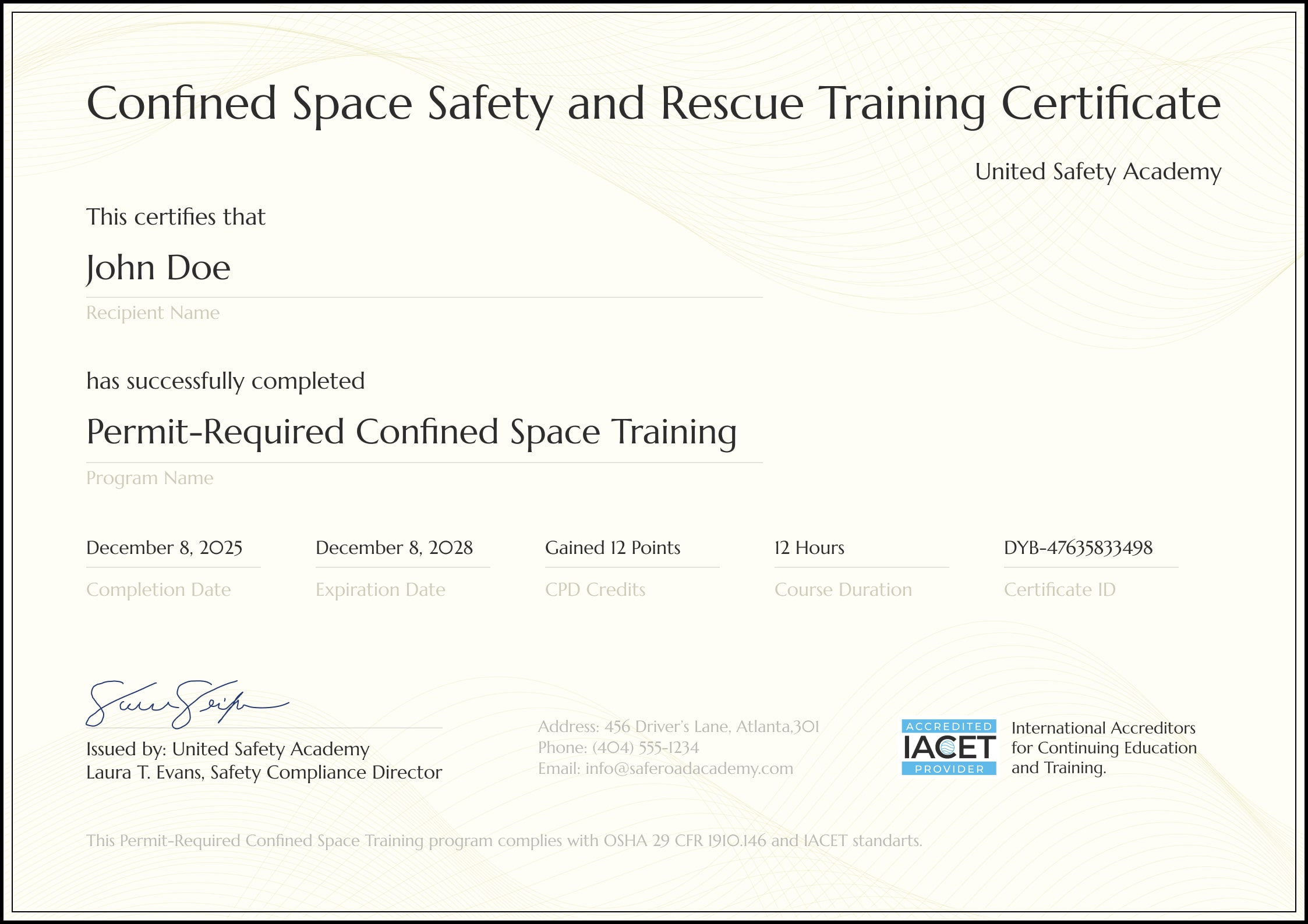 Plain and professional confined space training certificate template