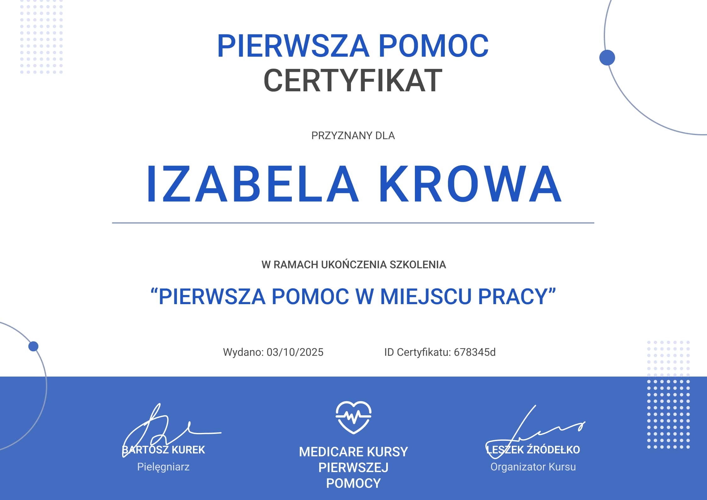 Profesjonalny i minimalistyczny certyfikat kursu pierwszej pomocy i RKO