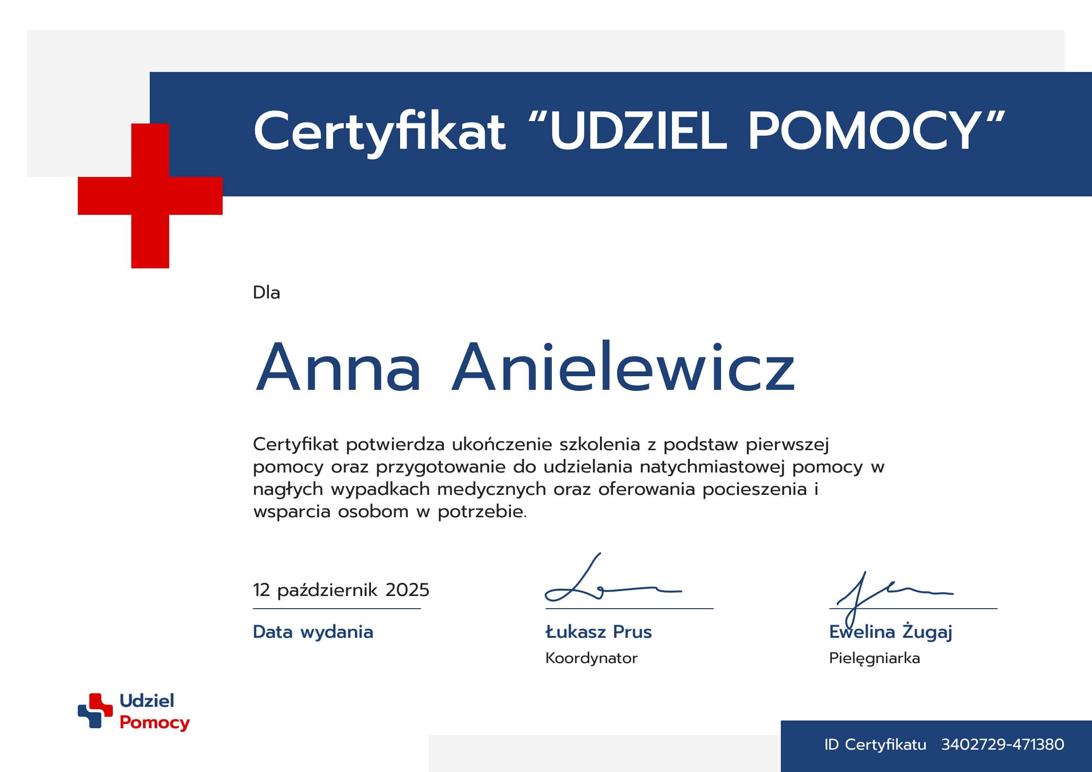 Klasyczny i profesjonalny certyfikat ukończenia kursu pierwszej pomocy wzór