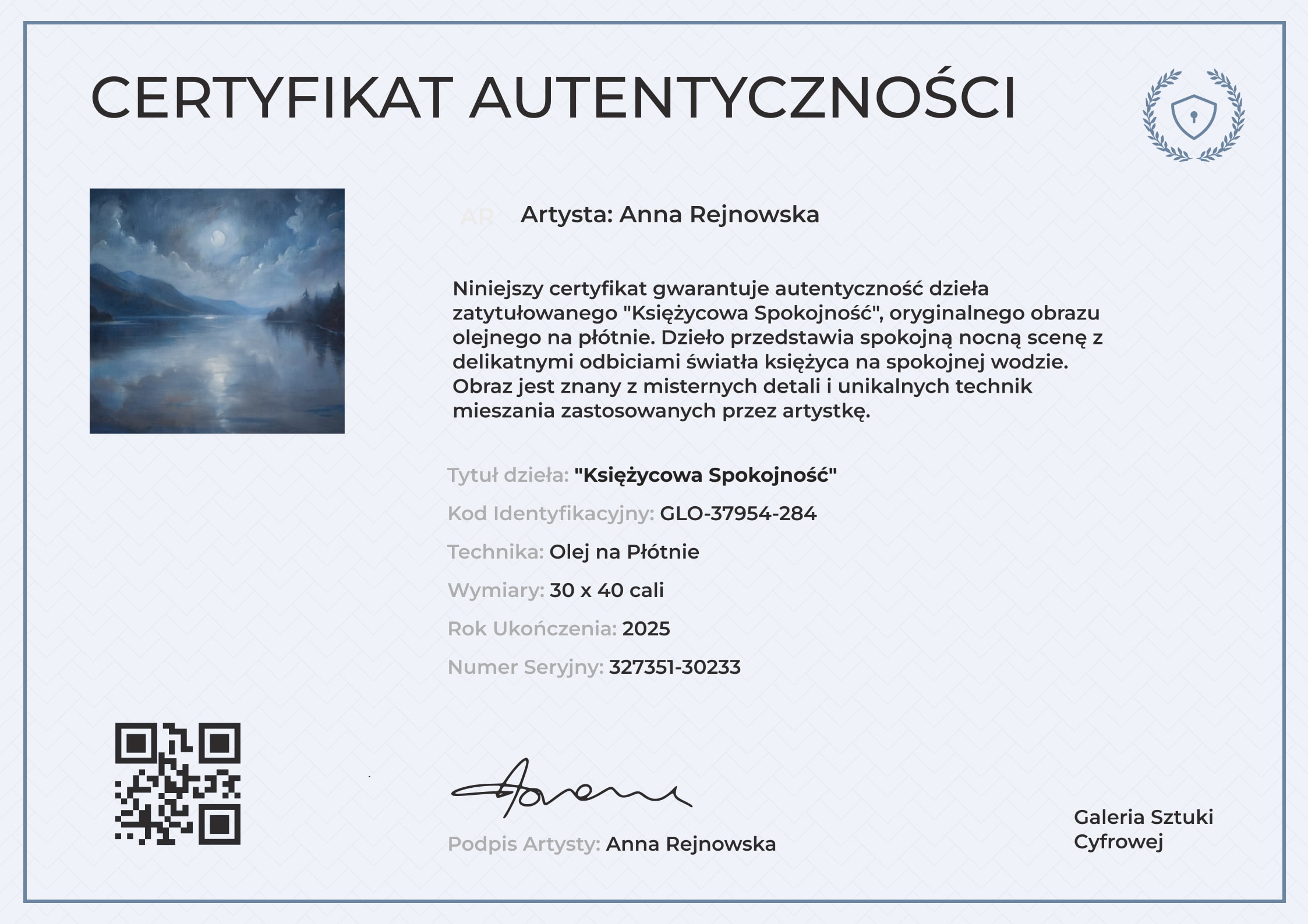 Wiarygodny i prosty certyfikat autentyczności obrazu wzór