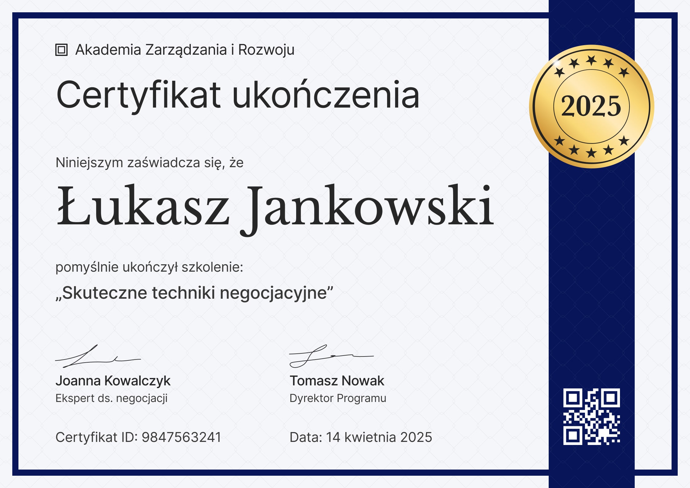 Nowoczesny i profesjonalny certyfikat ukończenia szkolenia wzór
