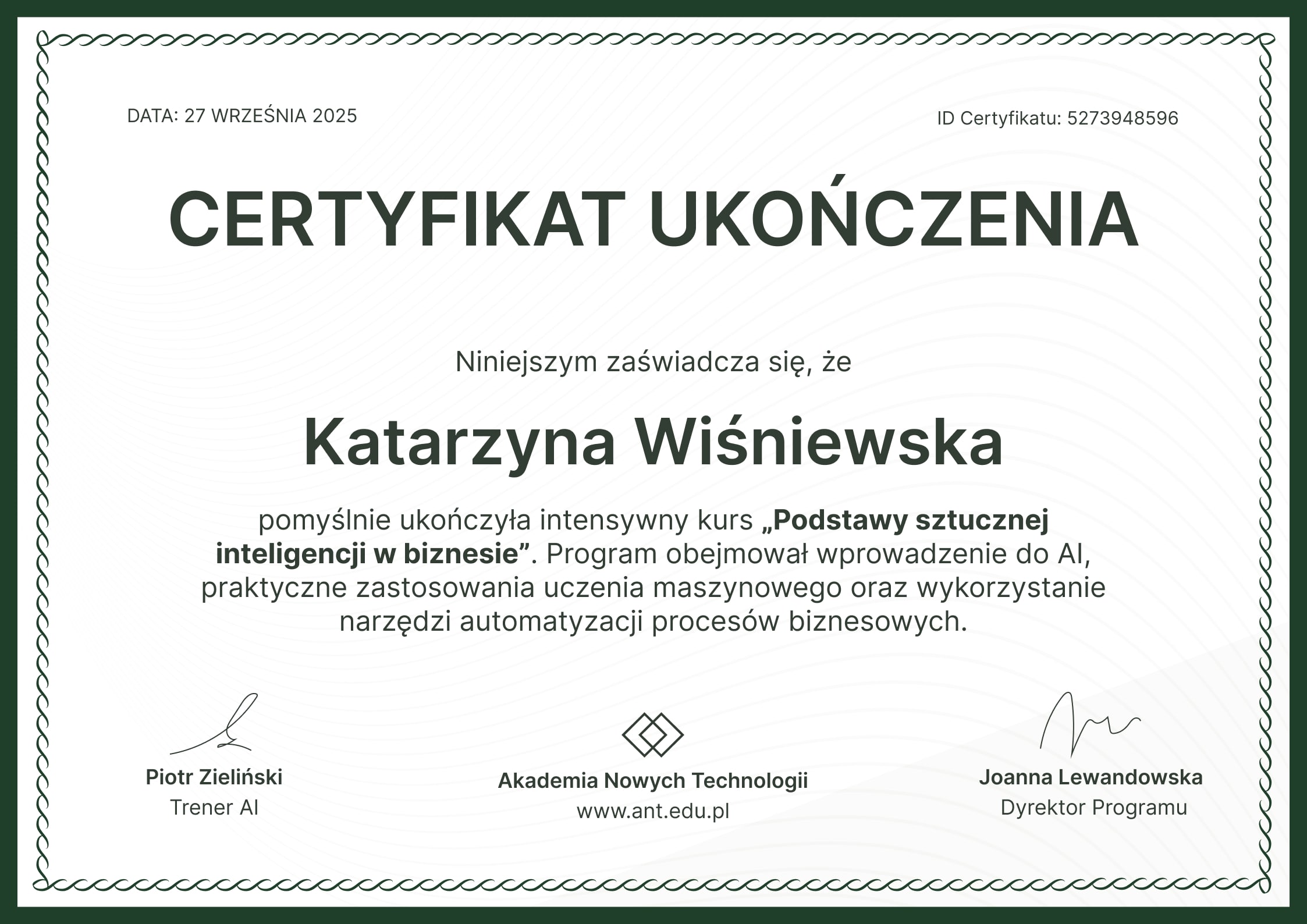 Gładki i profesjonalny certyfikat ukończenia szkolenia wzór