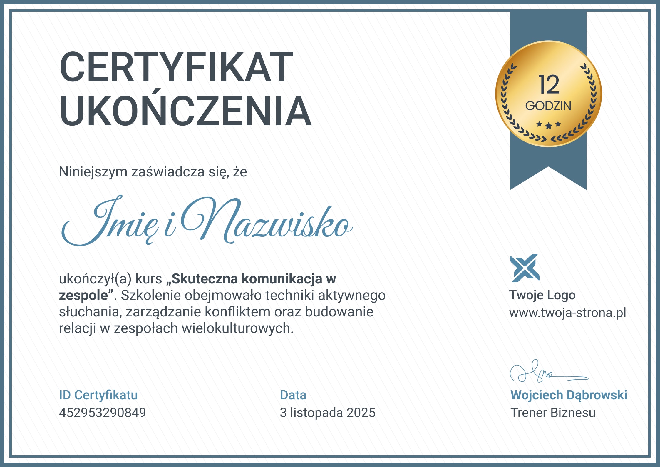 Minimalistyczny i profesjonalny certyfikat ukończenia szkolenia wzór