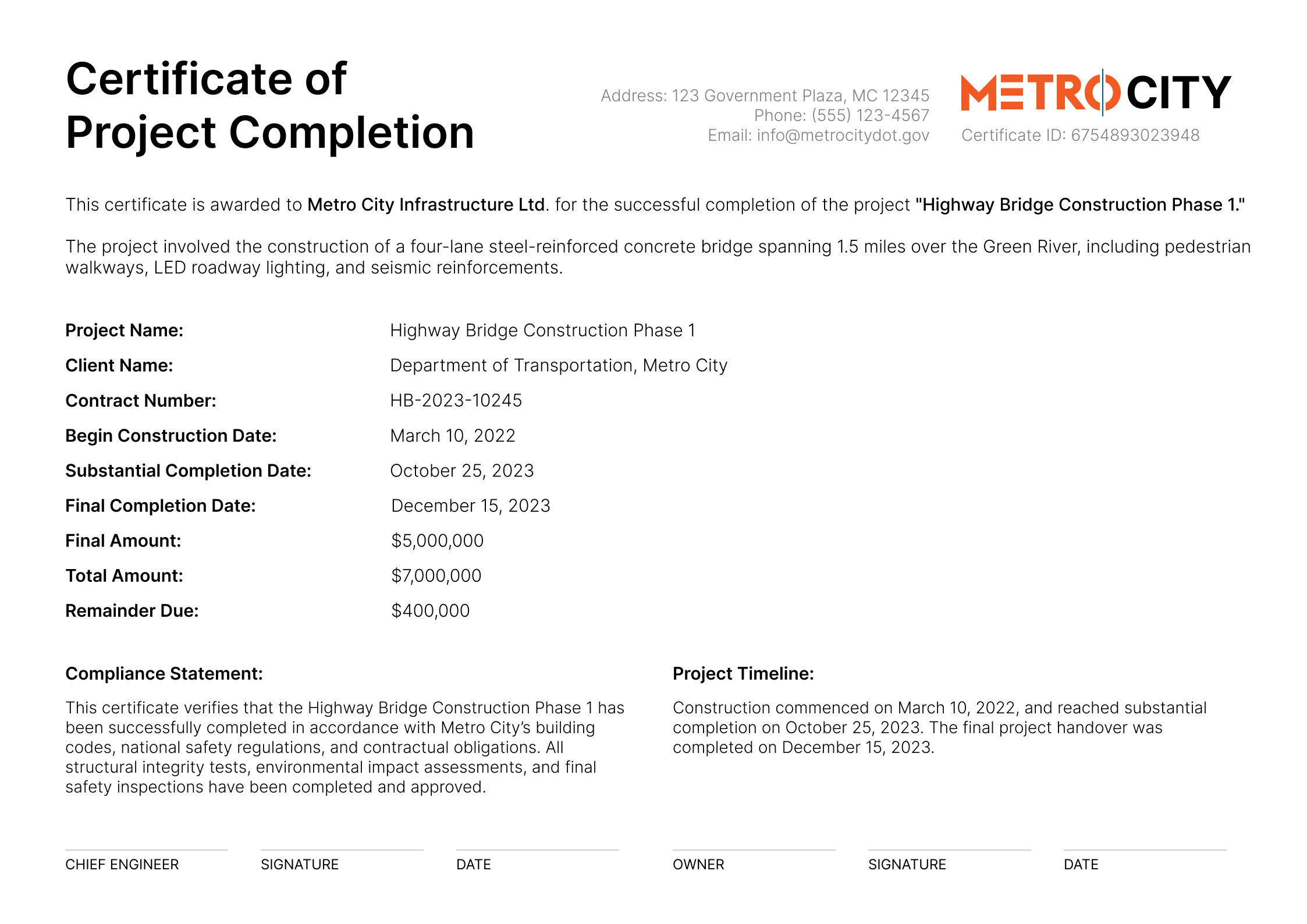 Professional and reliable construction completion certificate template