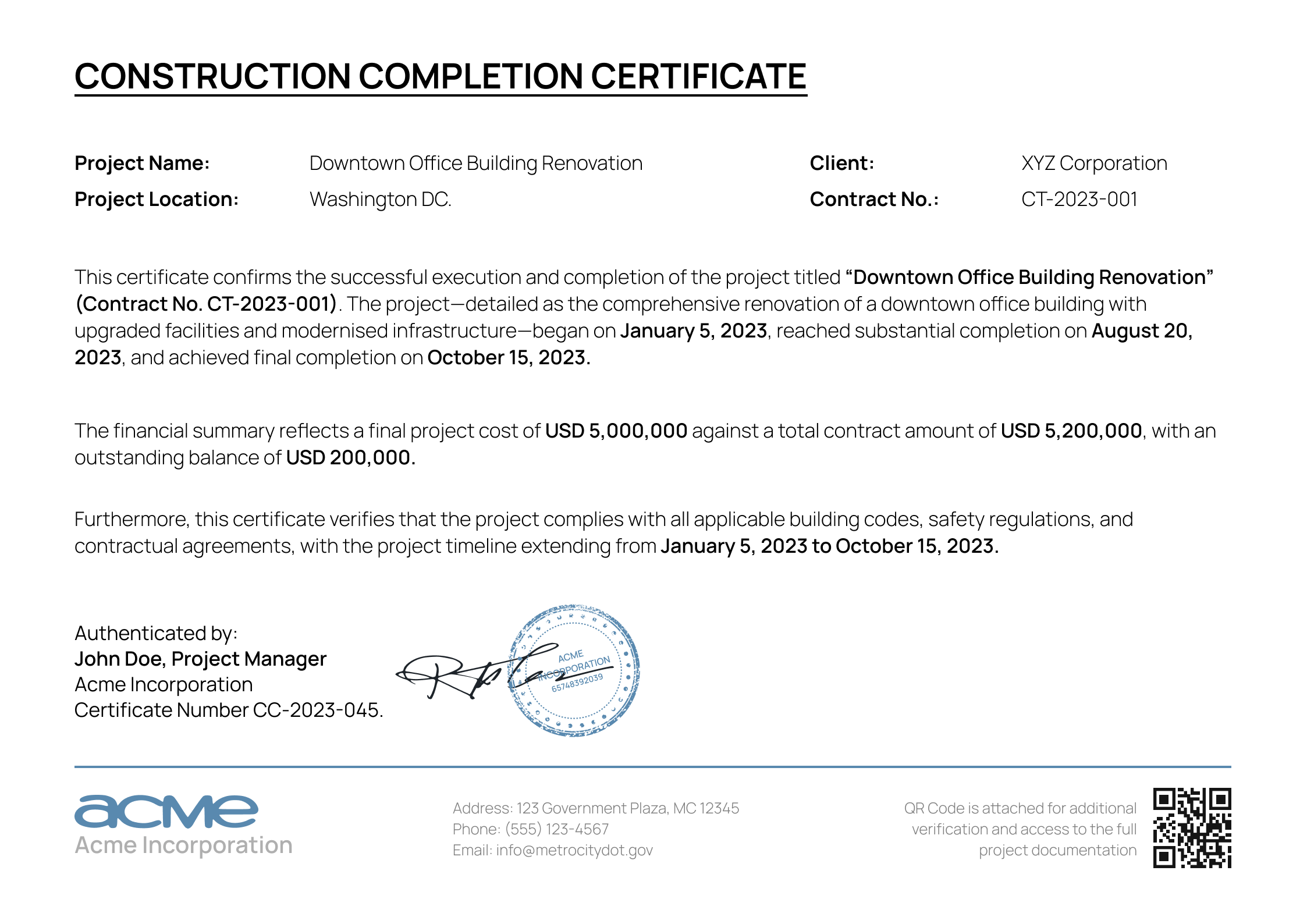 Professional and timeless construction completion certificate template