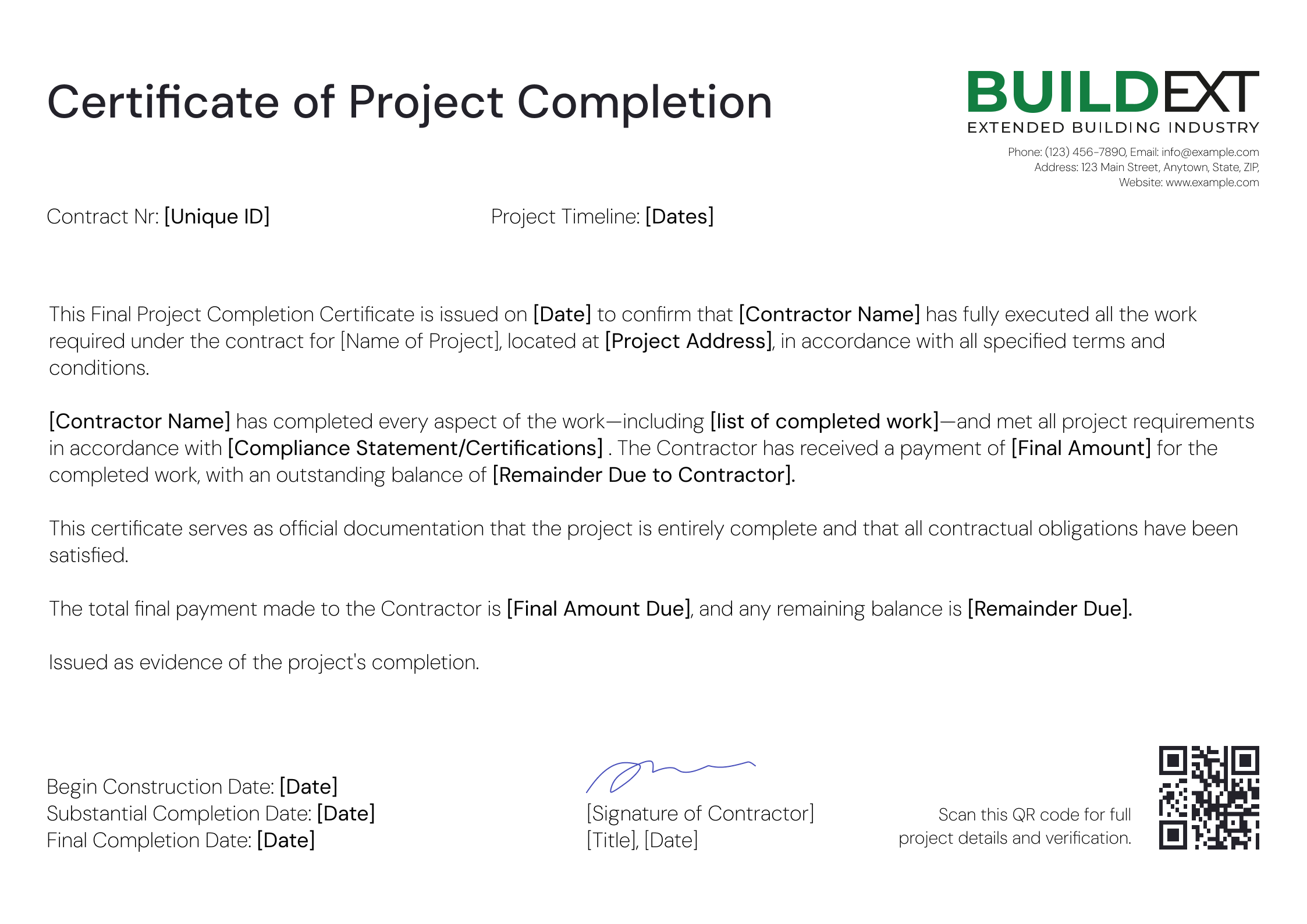 Sleek and professional construction completion certificate template