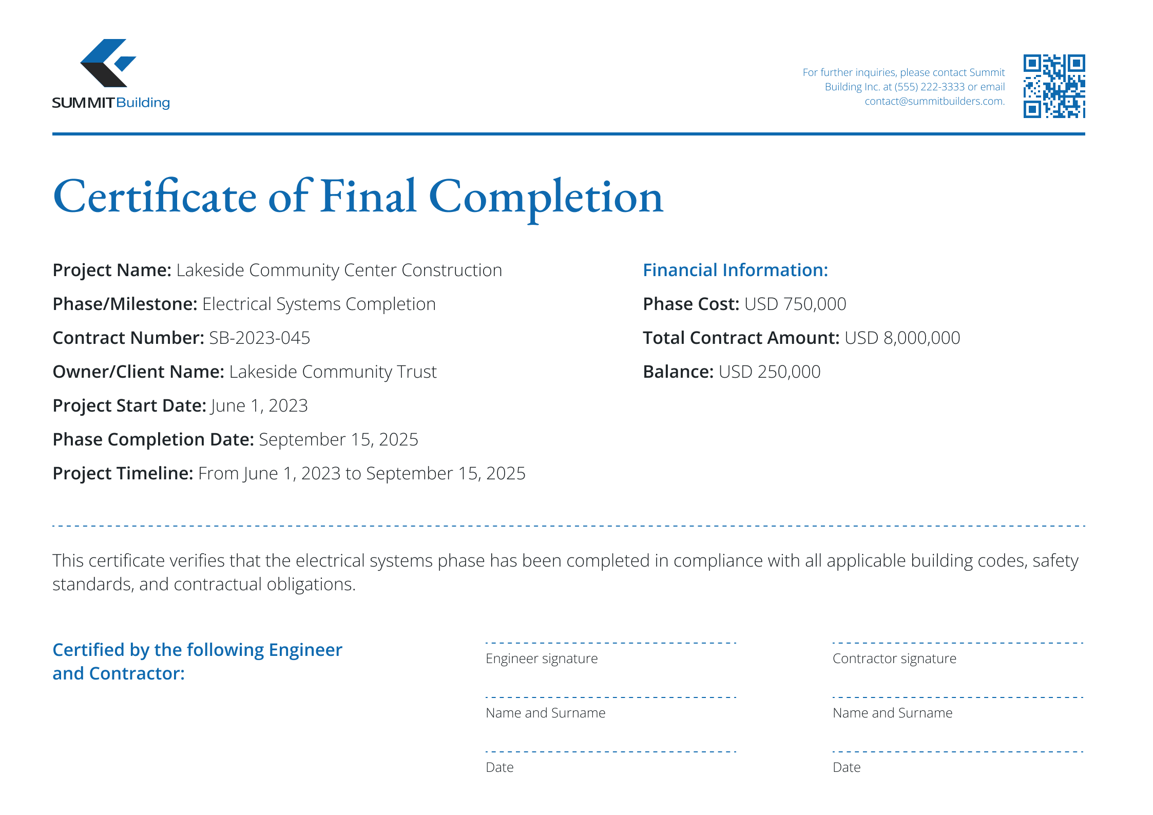 Technical and professional construction completion certificate template