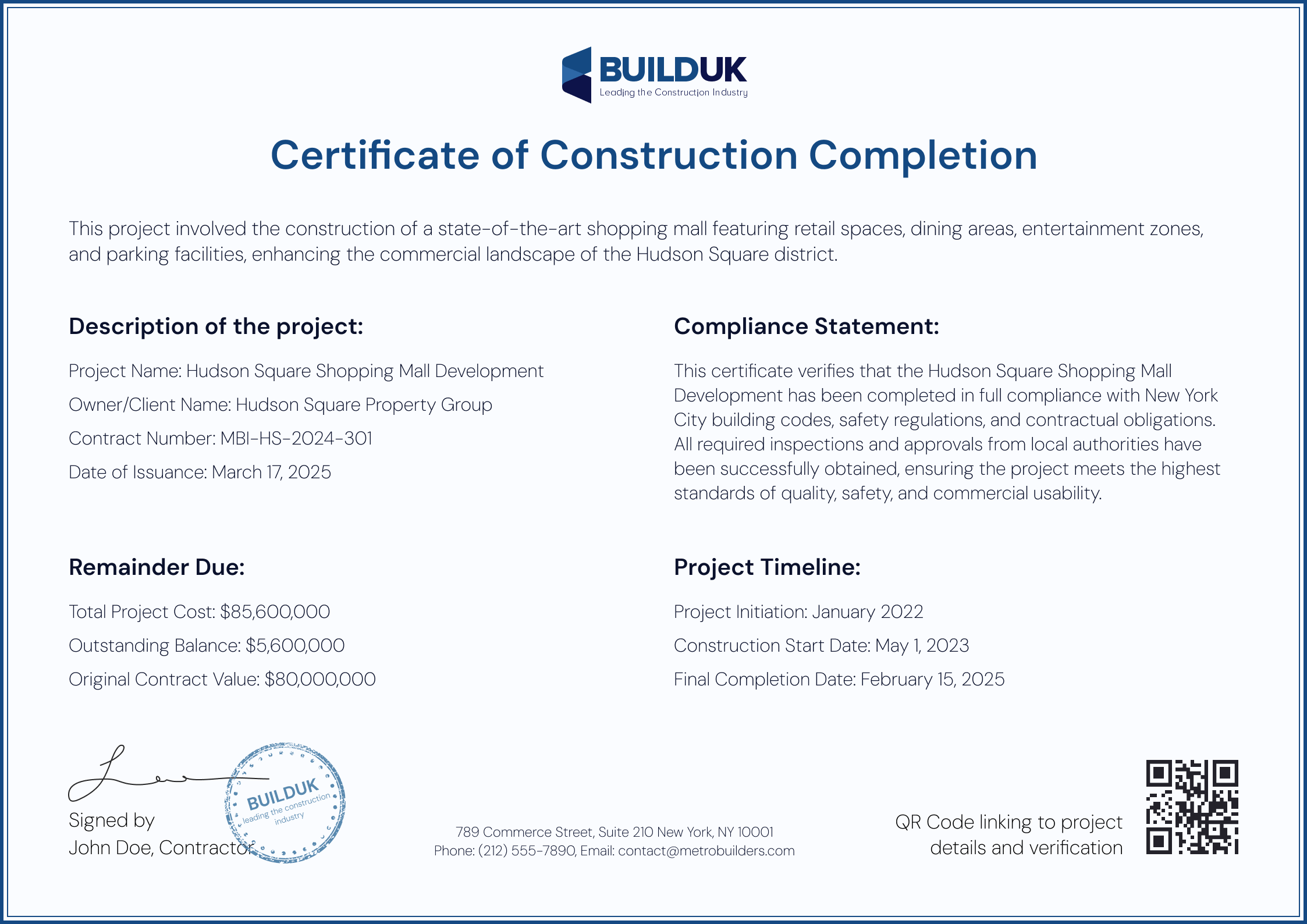 Professional and minimalist construction completion certificate template