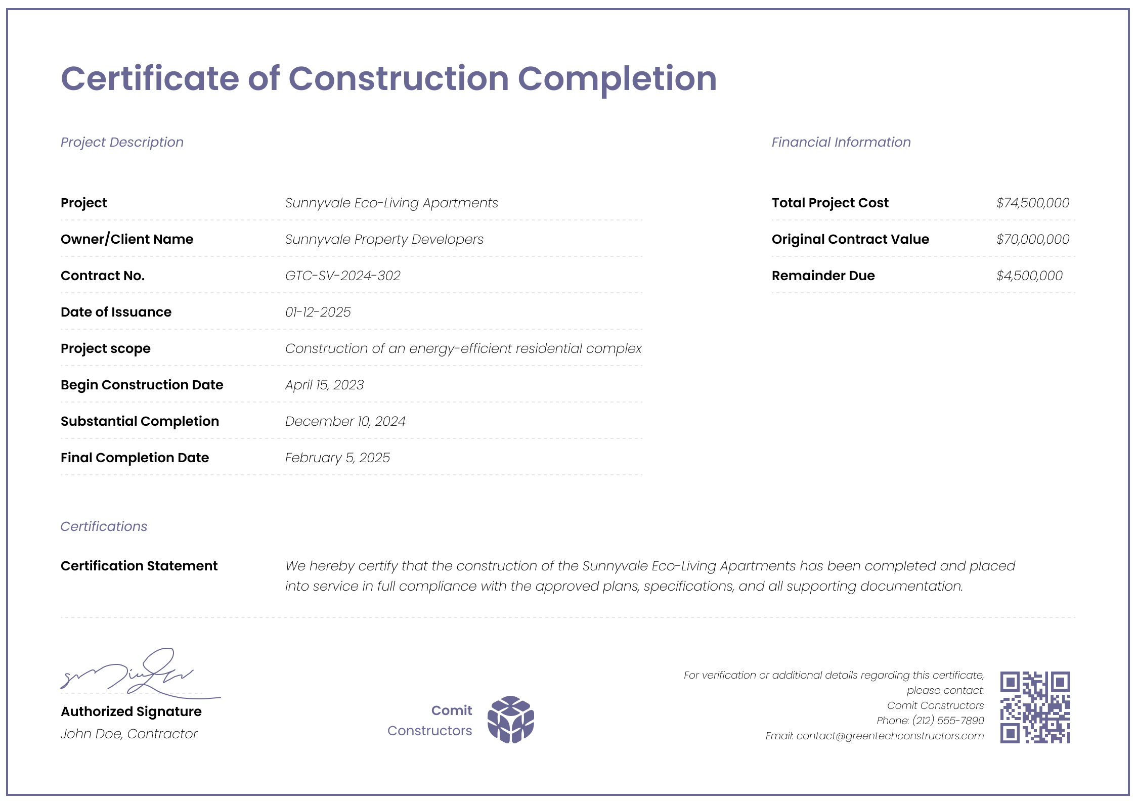 Professional and contemporary construction completion certificate template