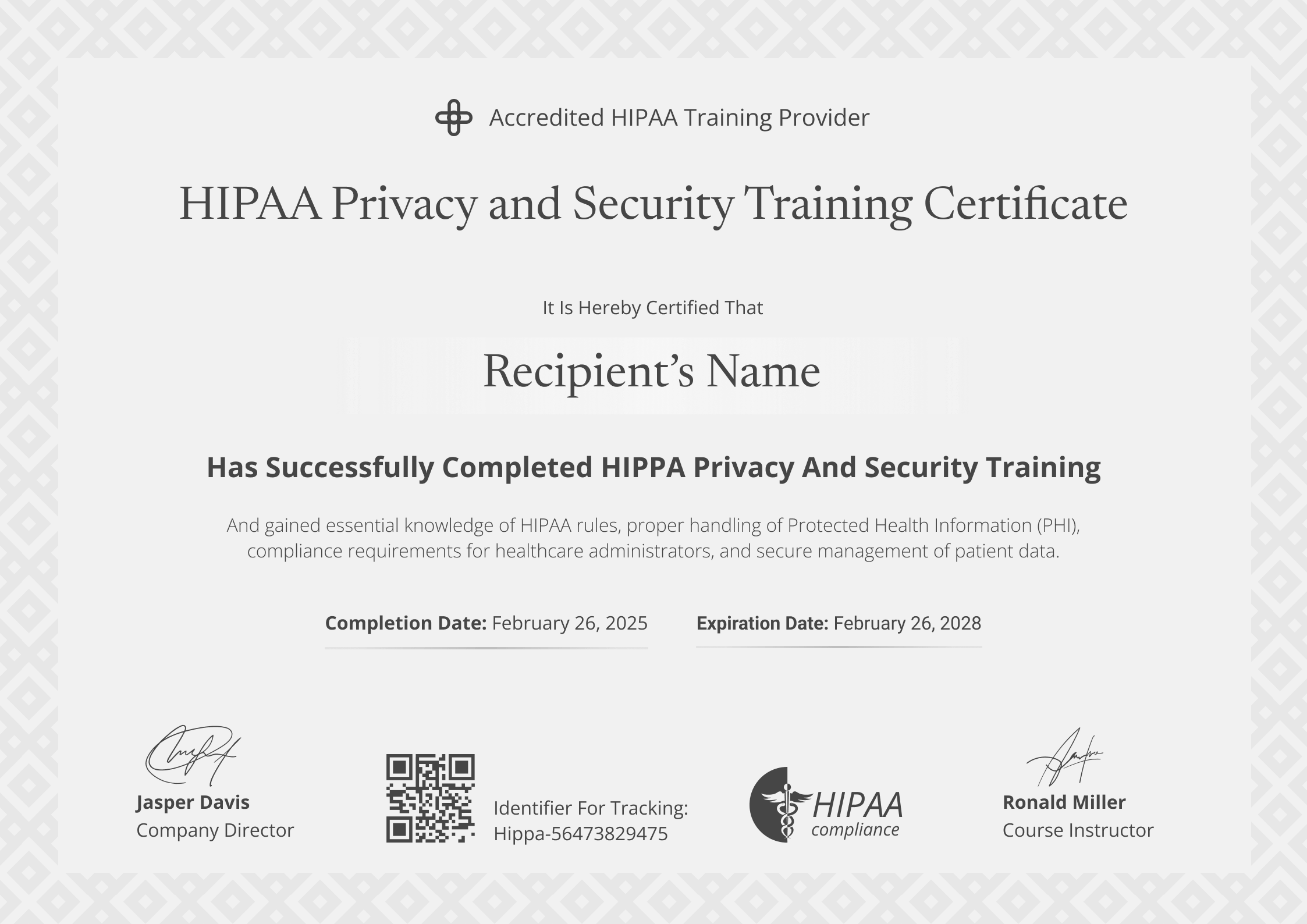 Professional and readable HIPAA training certificate template