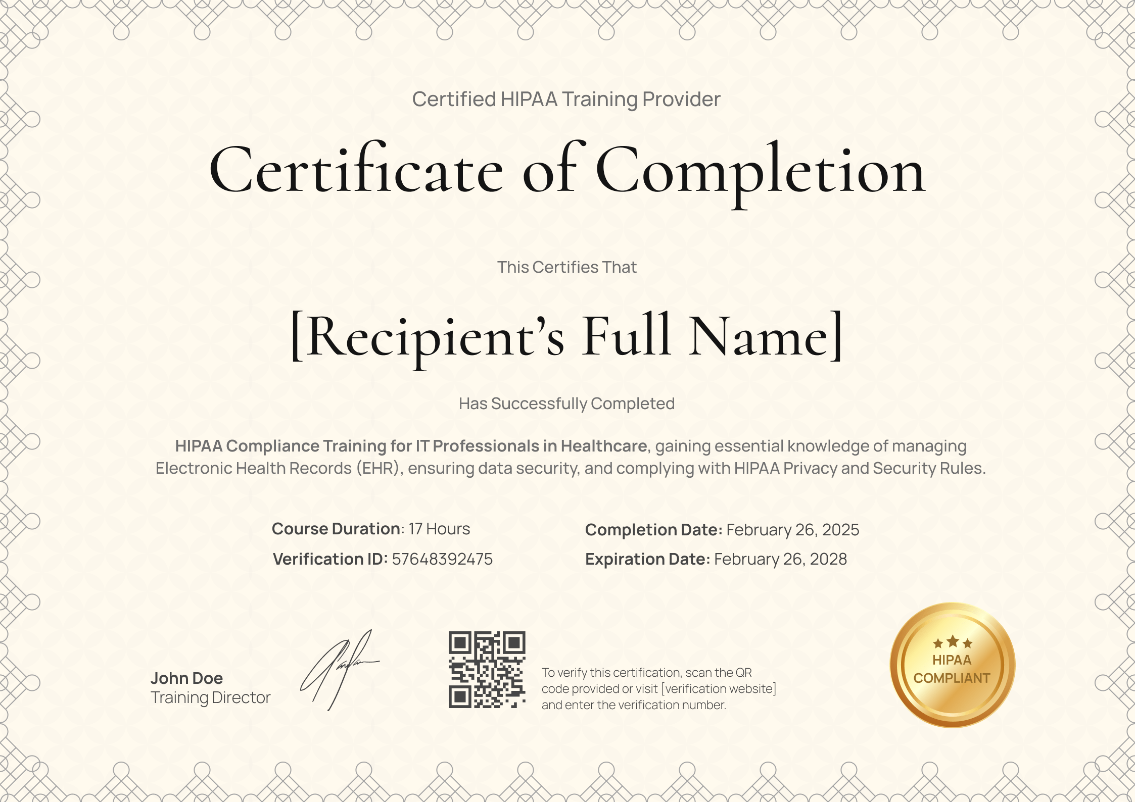 Professional and classic HIPAA training certificate template