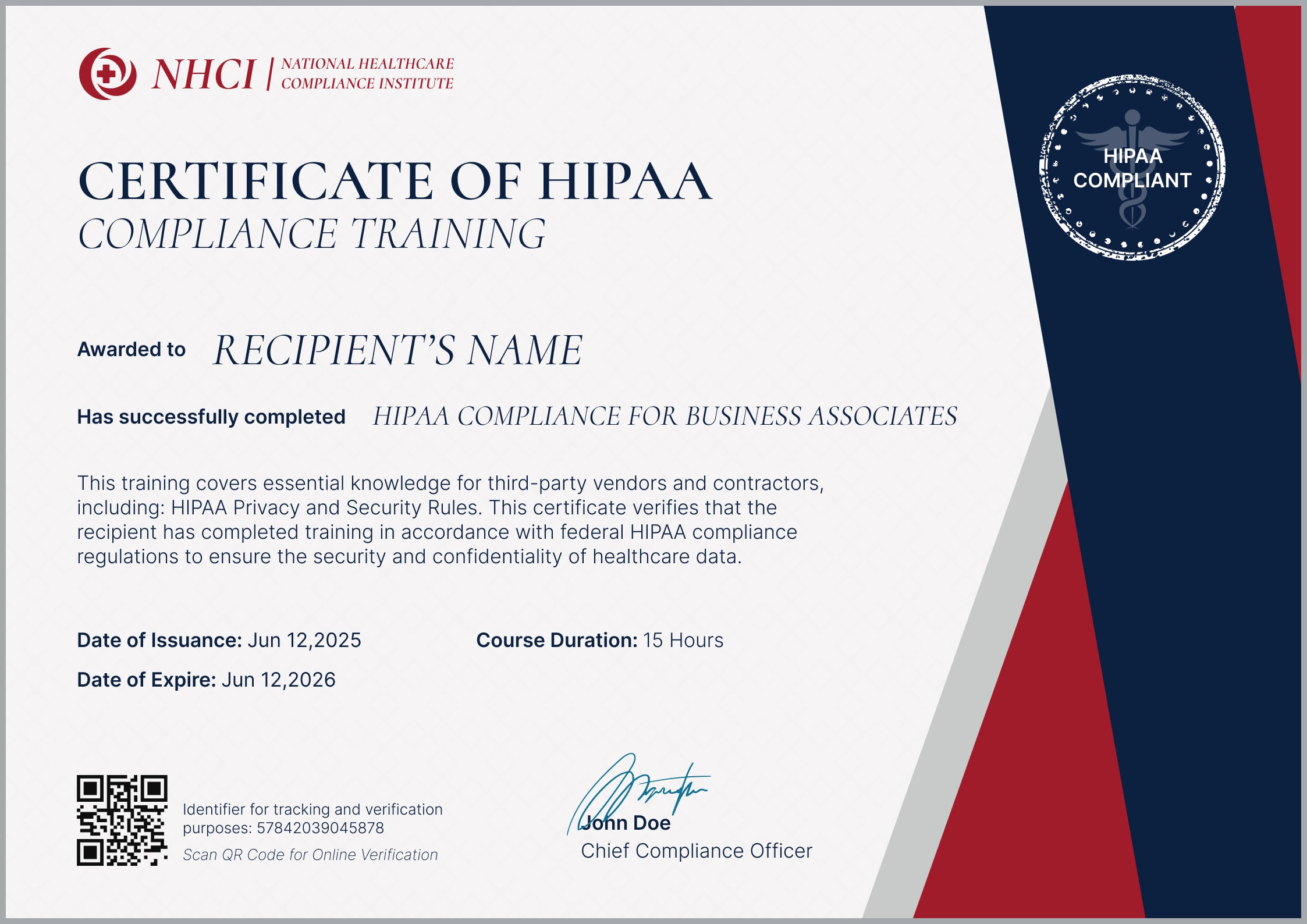 Professional and official HIPAA training certificate template
