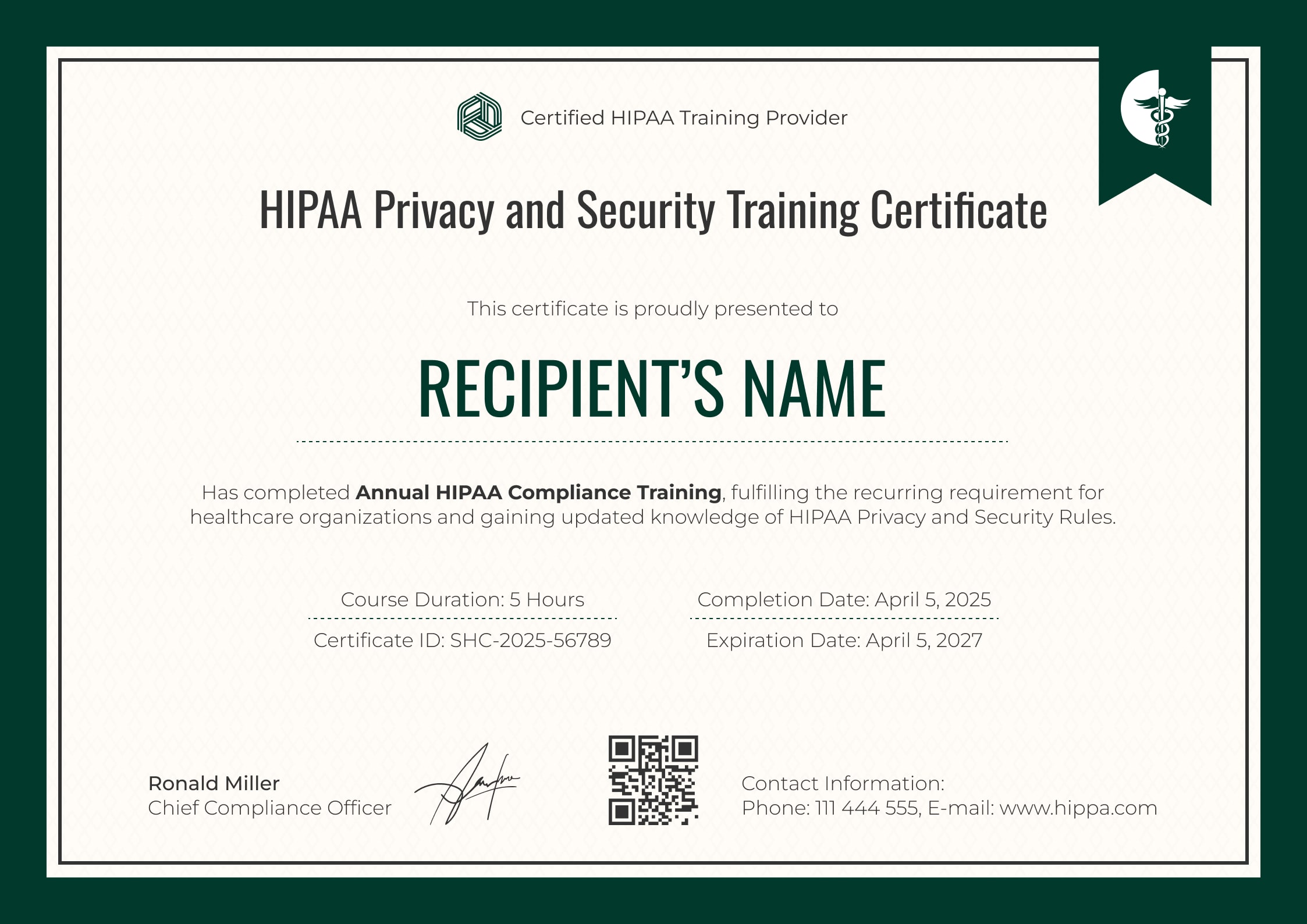 Professional and framed HIPAA training certificate template