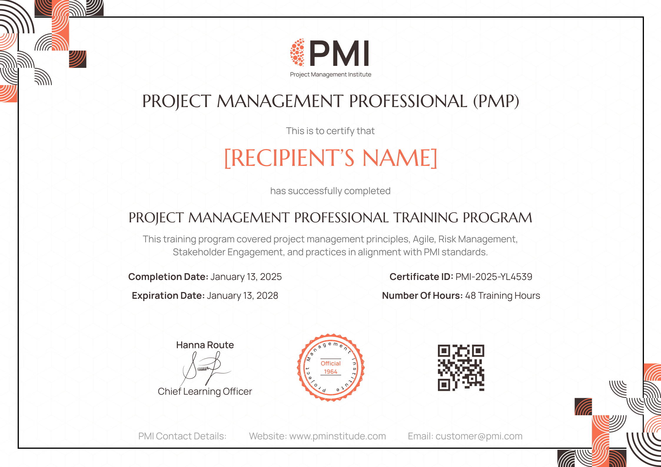 Professional and legible PMP certificate template
