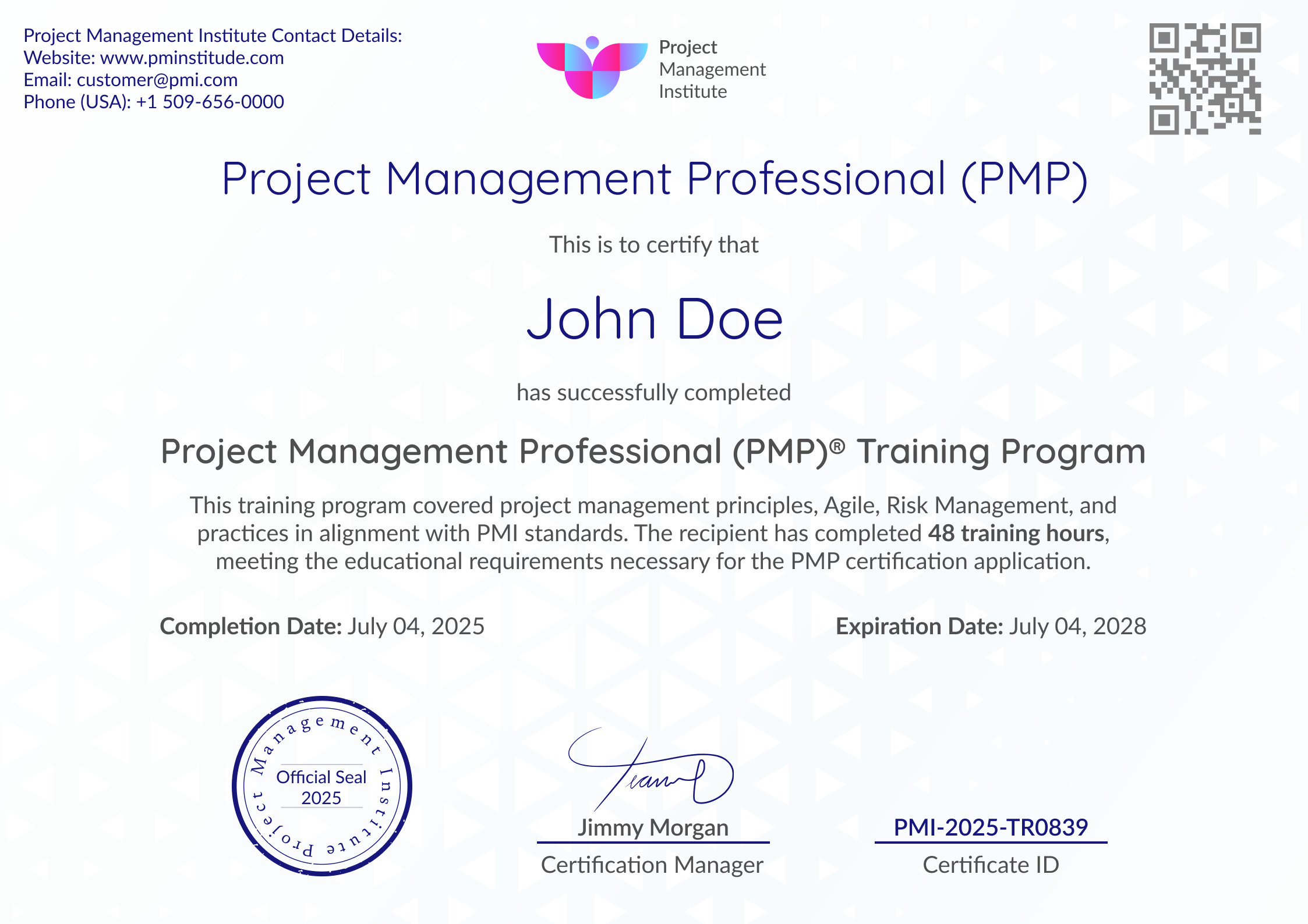 Professional and secure PMP certificate template