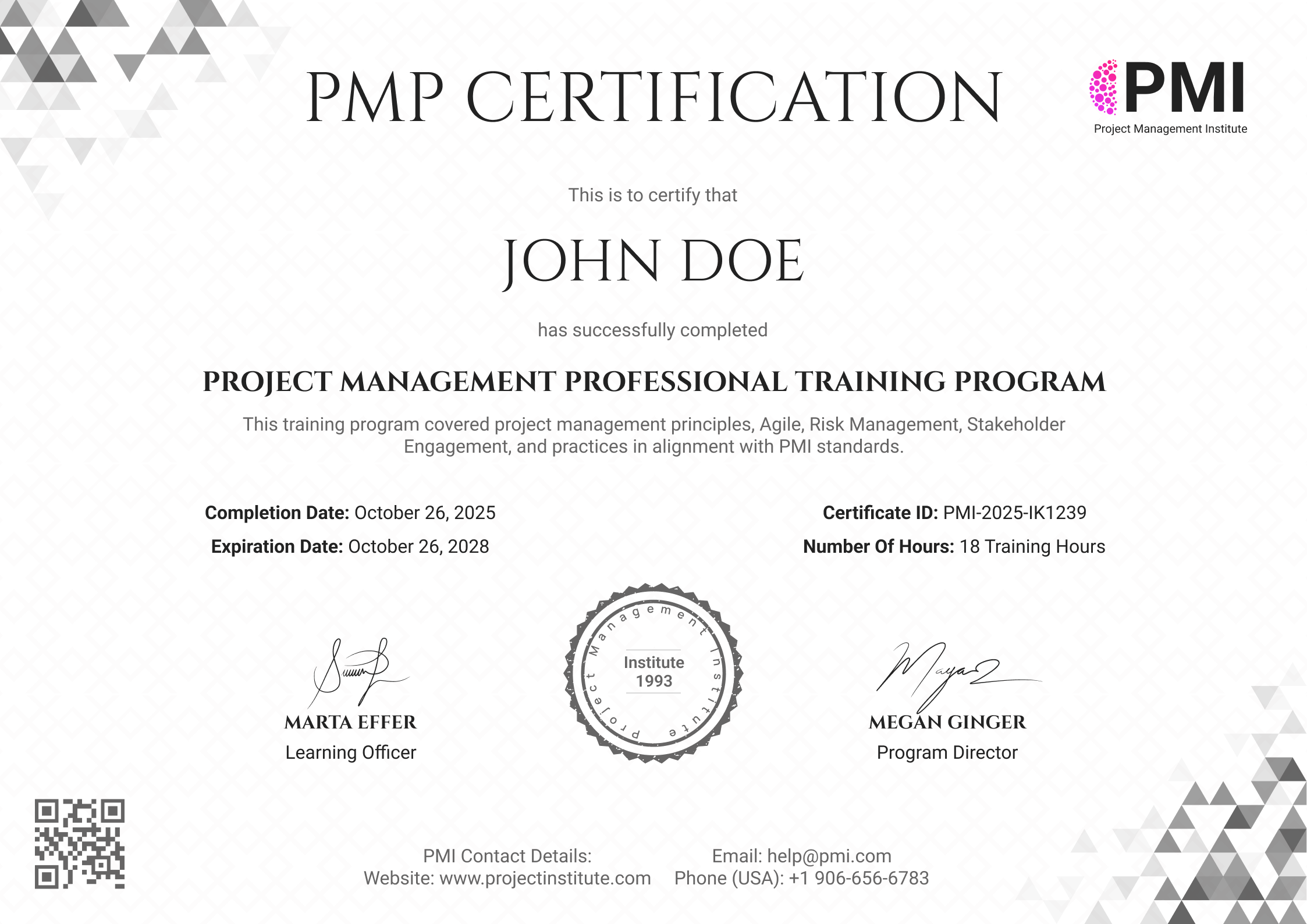 Professional and concise PMP certificate template