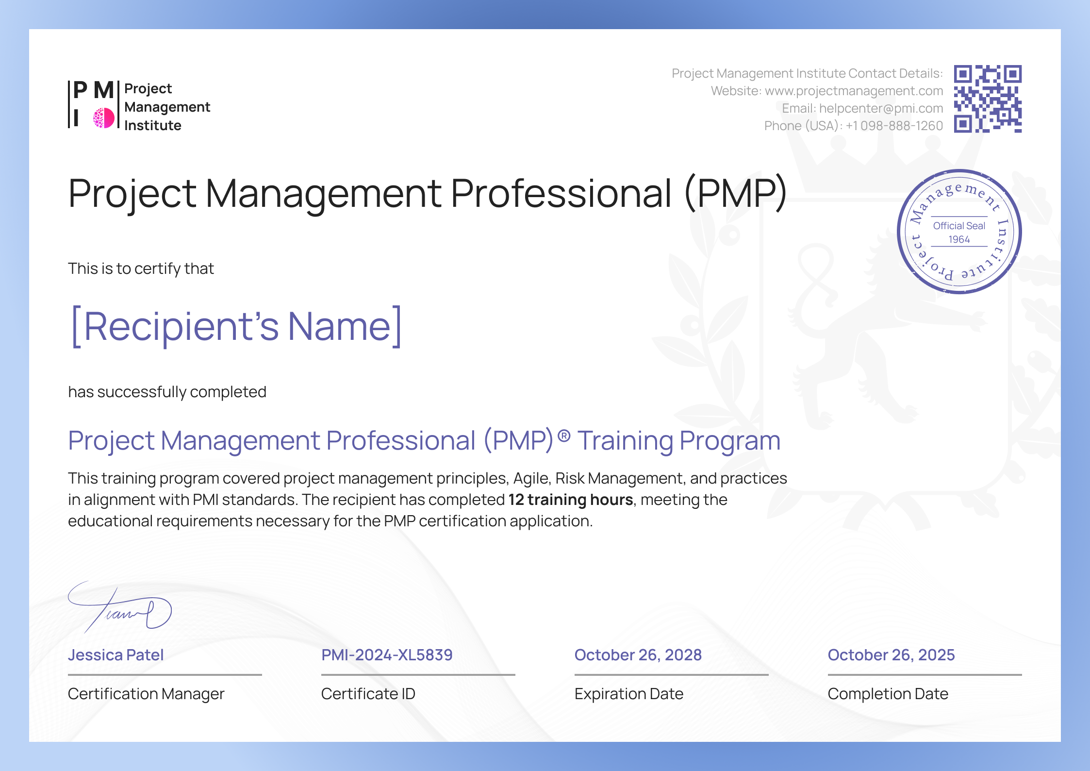 Professional and clean PMP certificate template