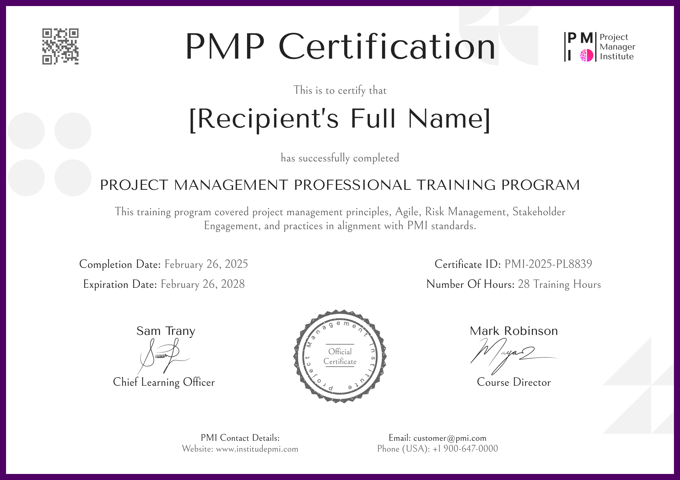 Professional and minimalistic PMP certificate template