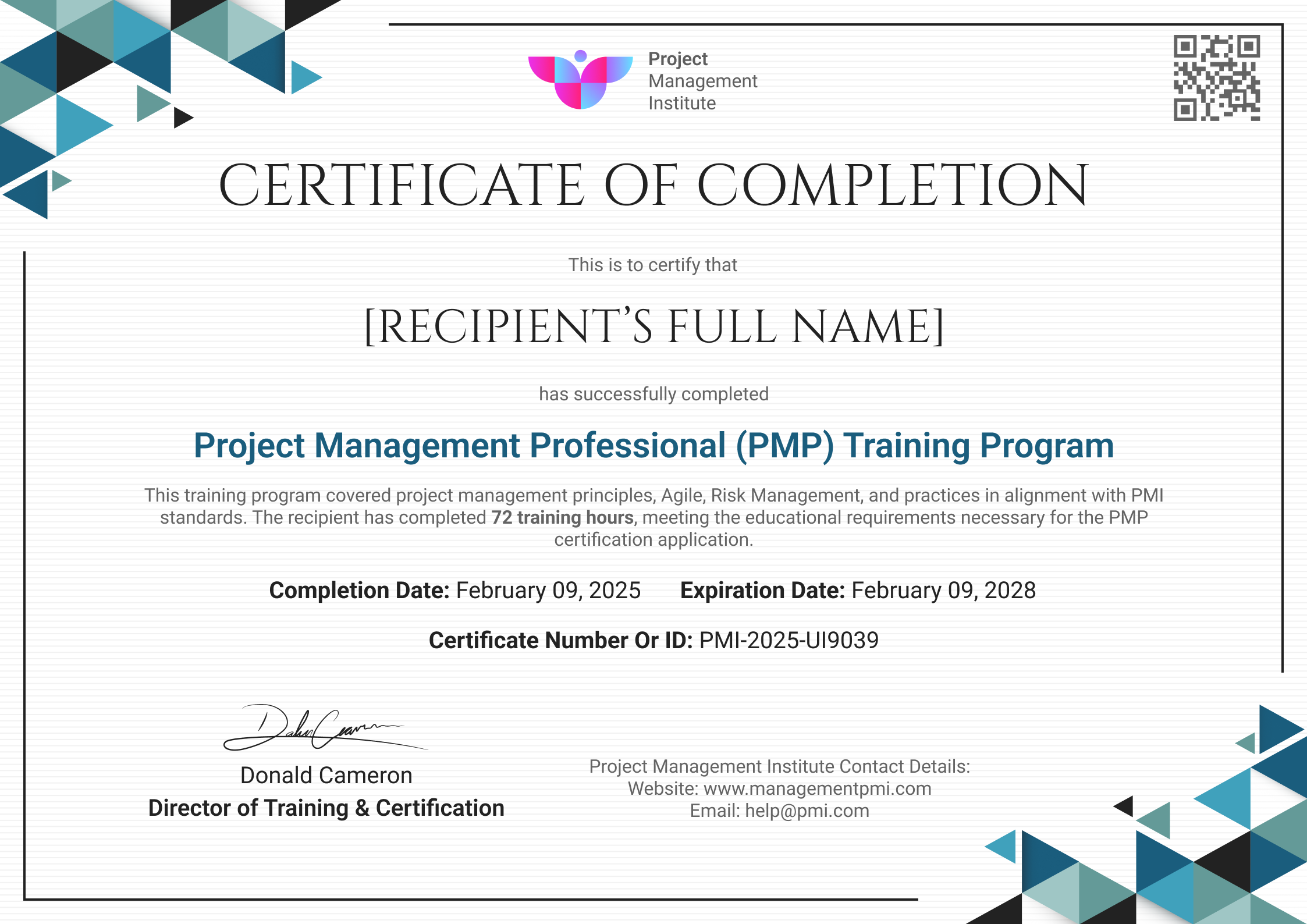 Professional and sharp PMP certificate template
