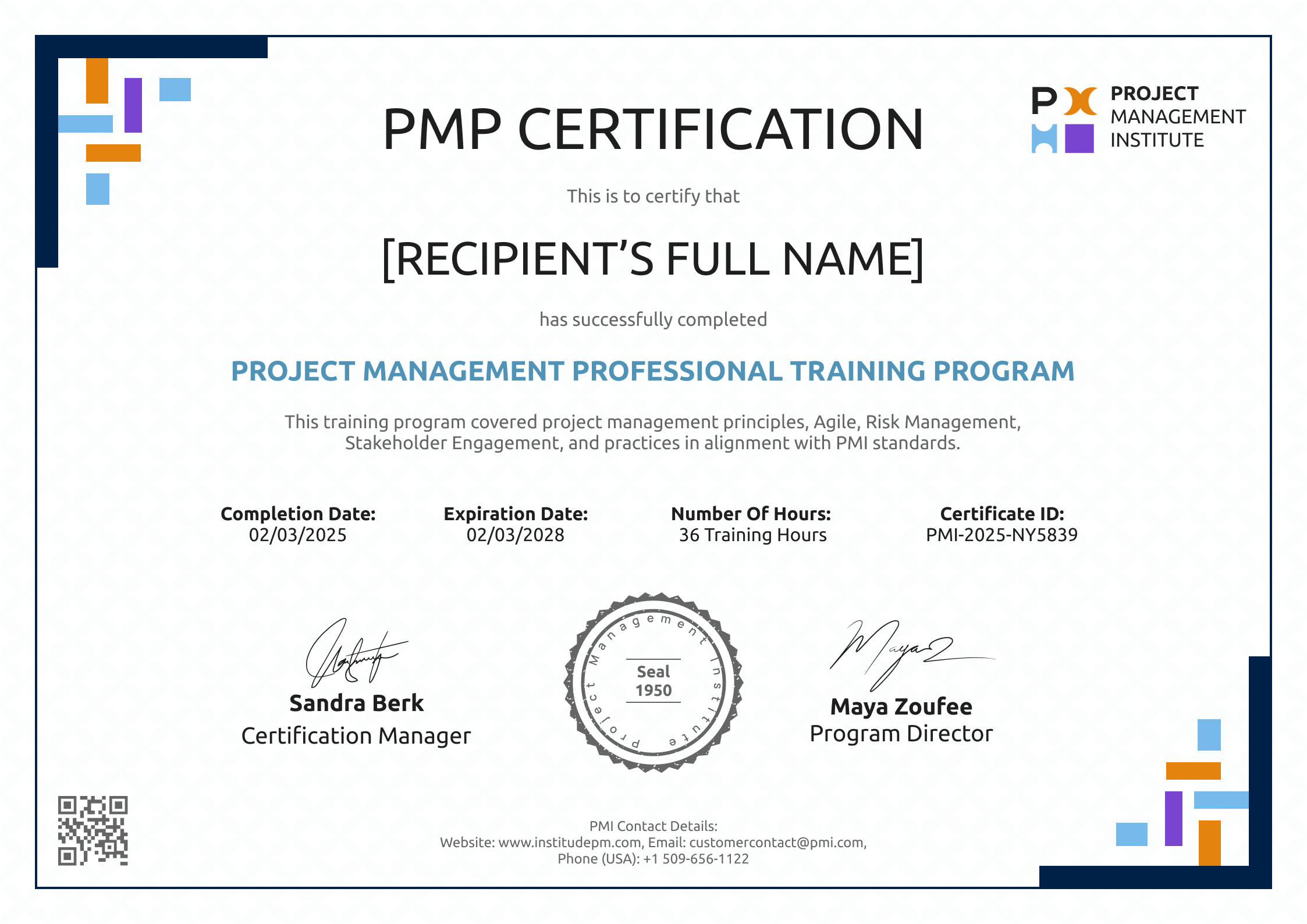 Professional and precise PMP certificate template