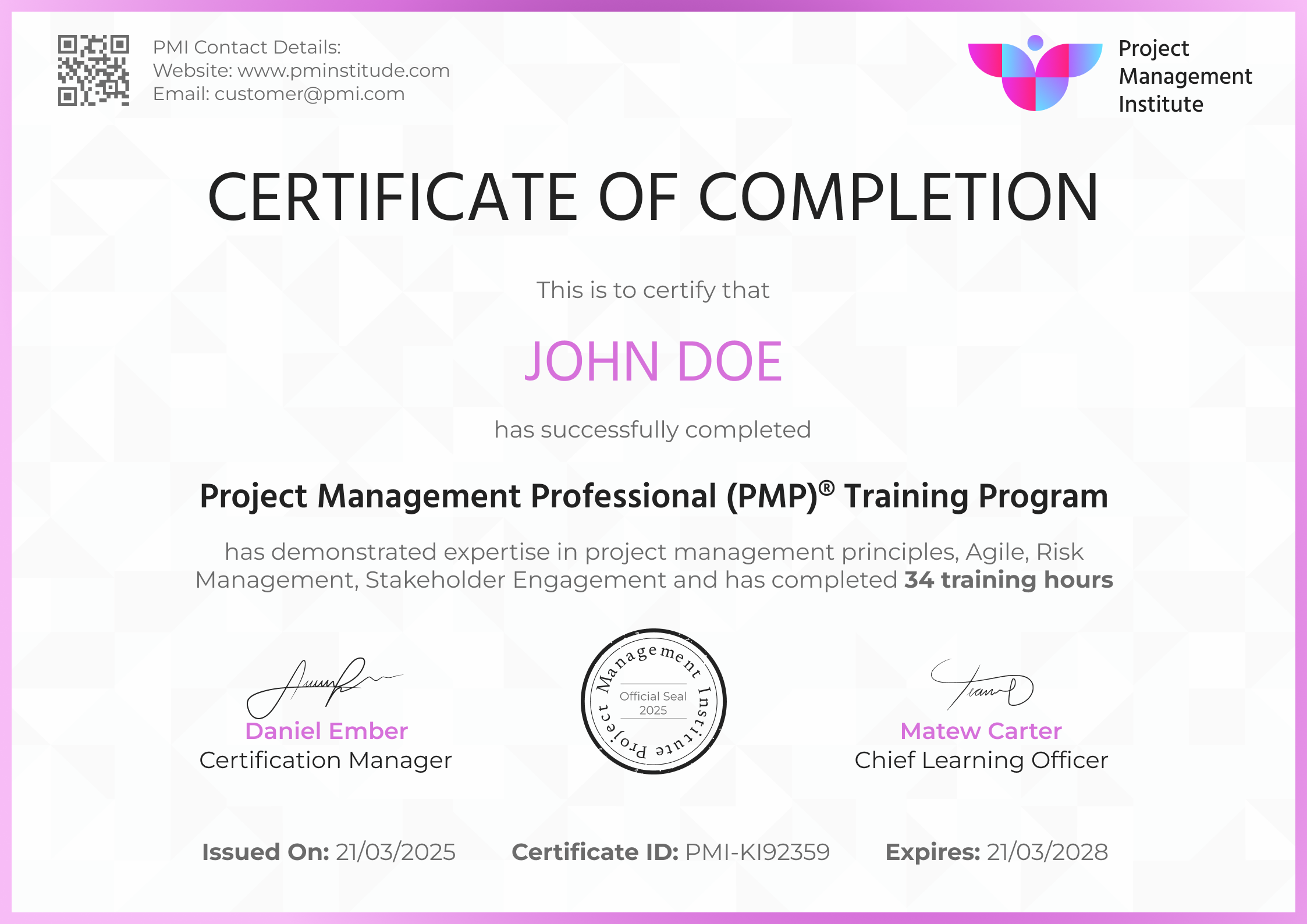 Professional and bright PMP certificate template
