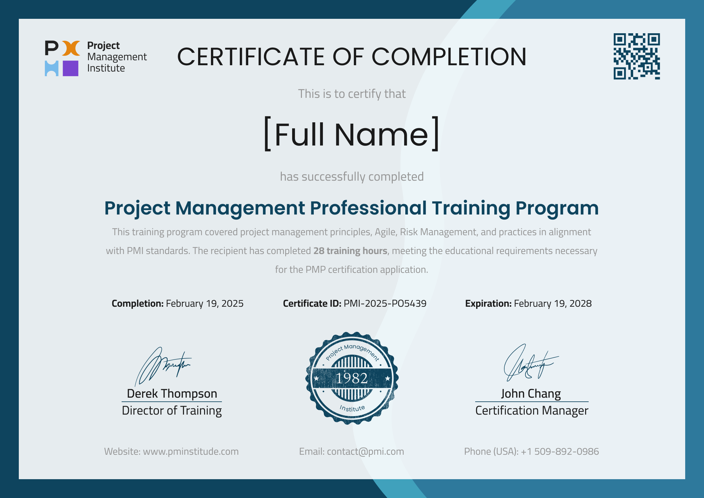 Professional and formal PMP certificate template