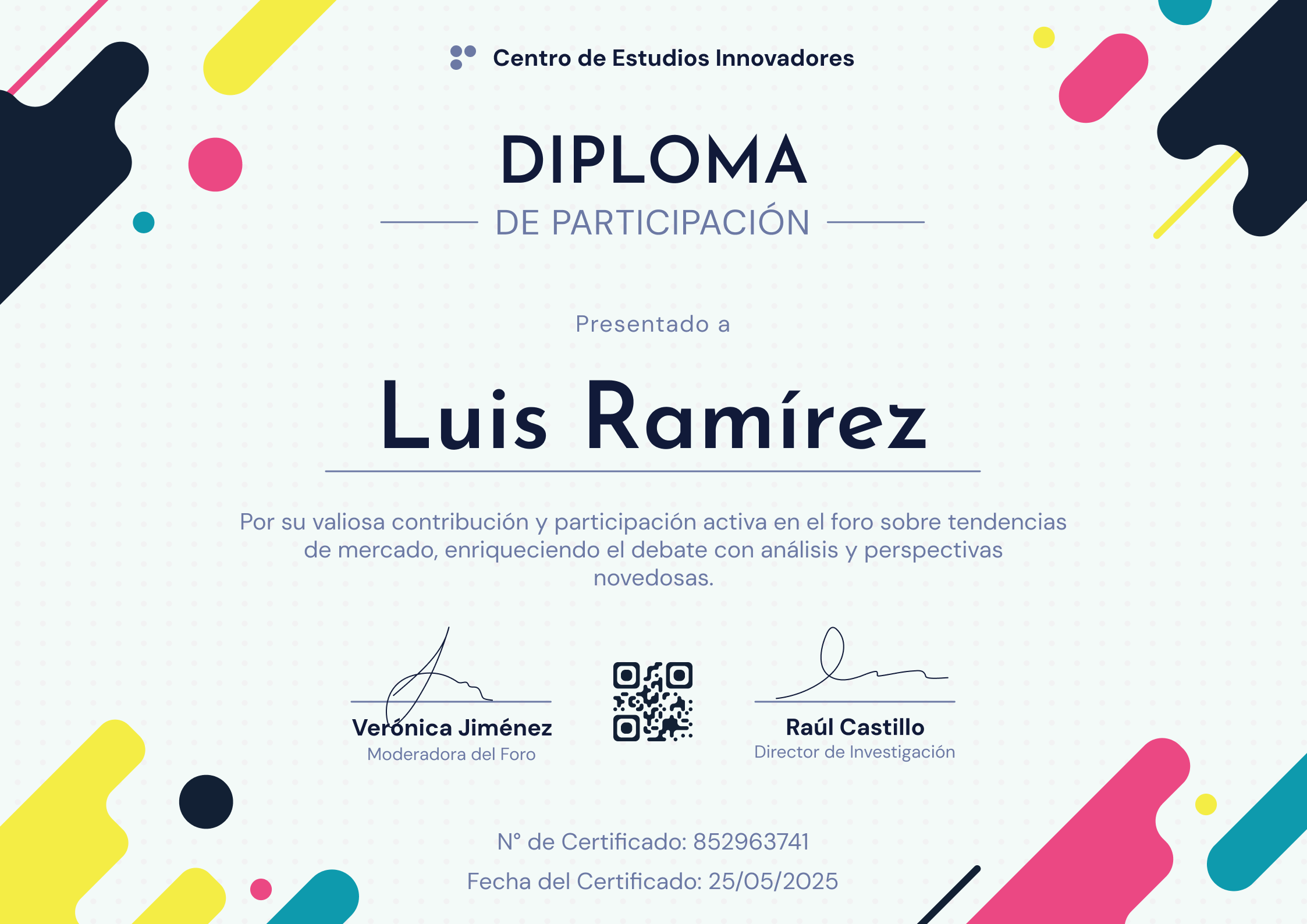 Plantilla de certificado de participación moderna y colorida