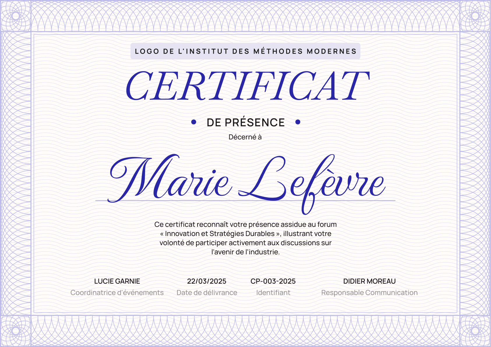 Modèle de certificat de participation professionnel et distinctif