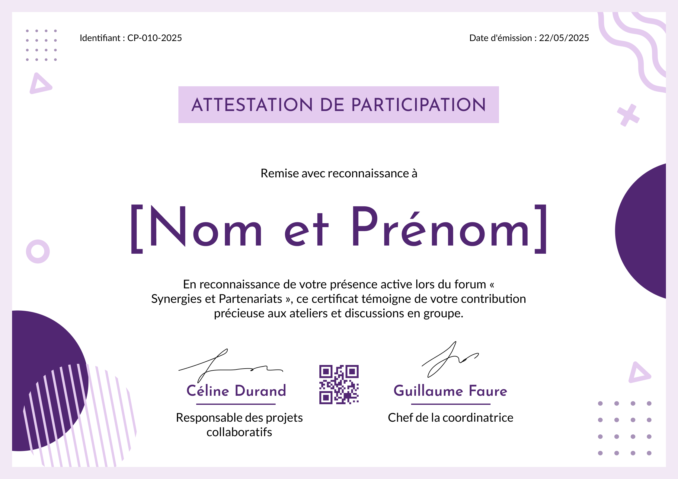 Modèle de certificat de participation moderne et vivant