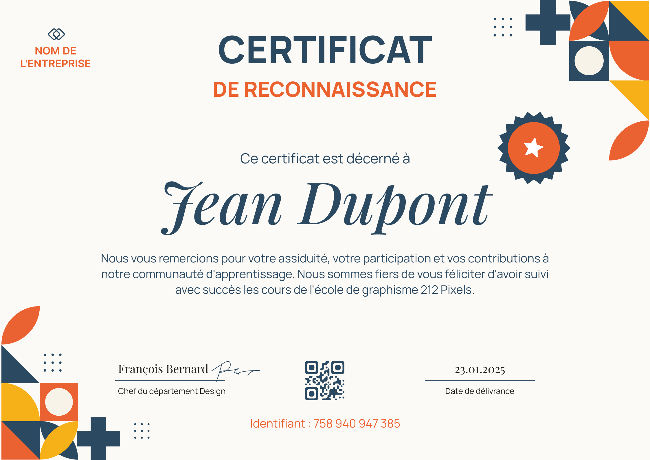 Modèle de certificat de reconnaissance moderne et élégant