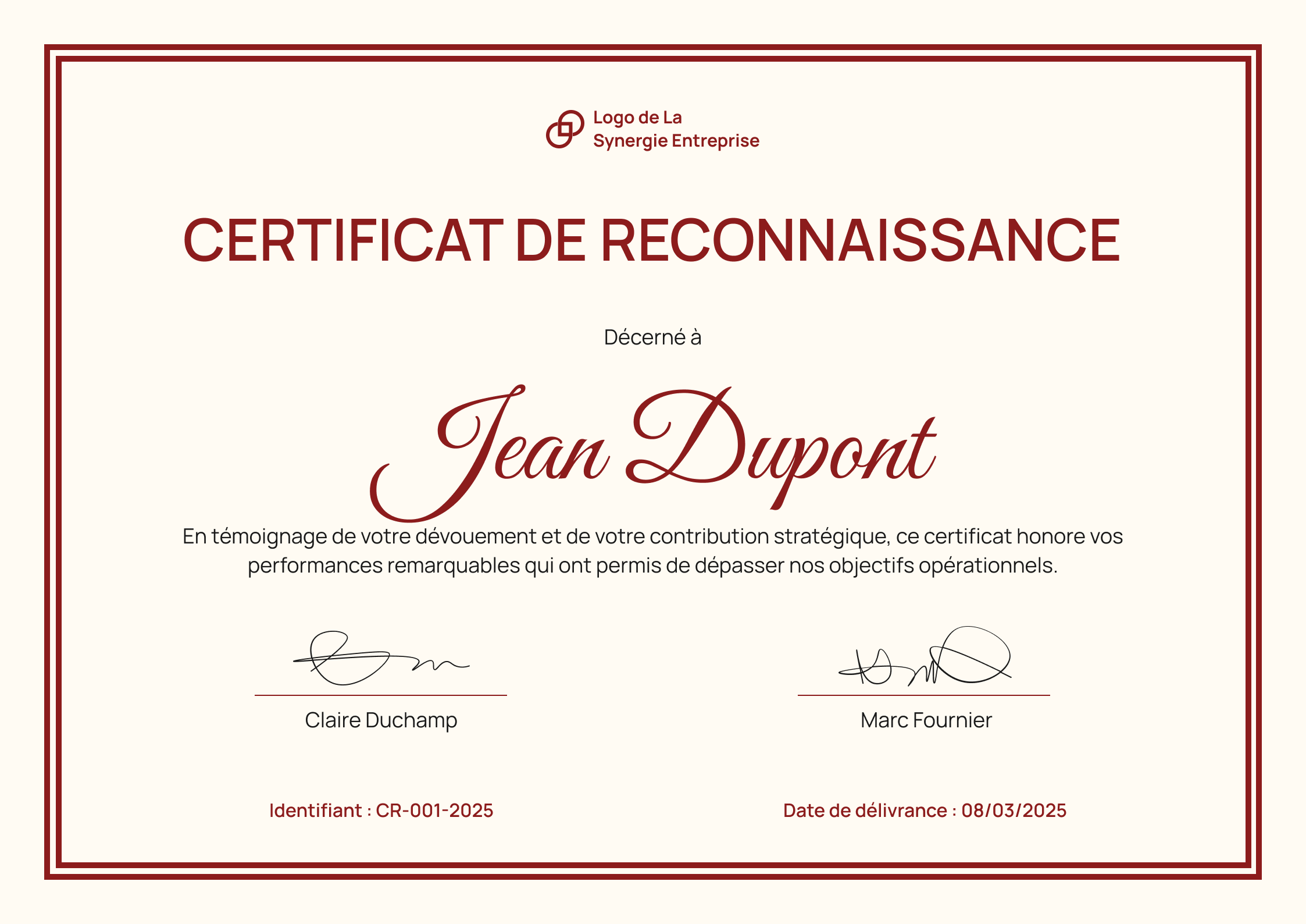 Modèle de certificat de reconnaissance simple et soigné